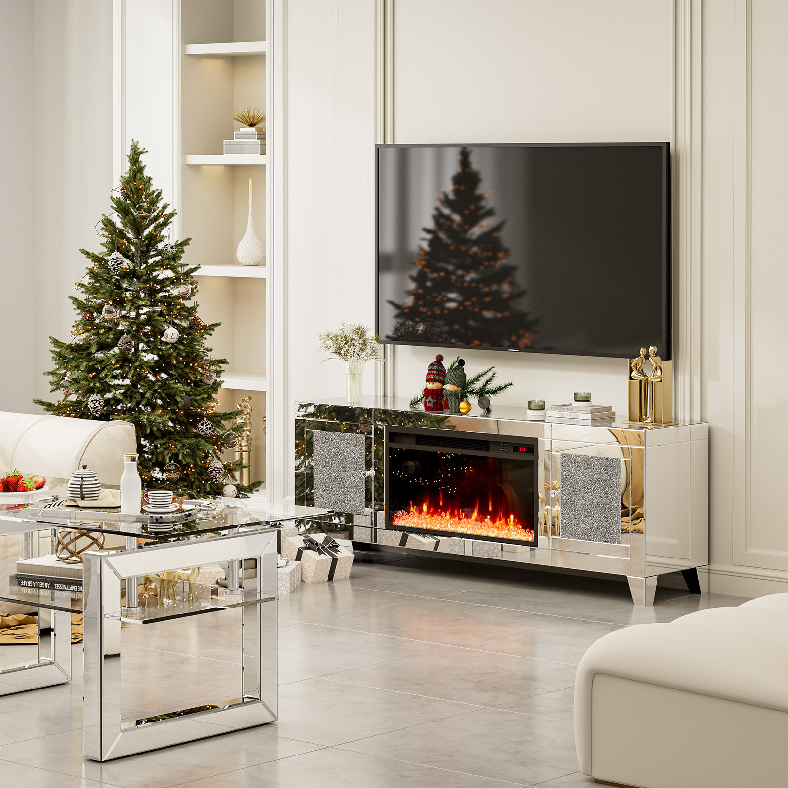 Everly Quinn Mirrored Silver Fireplace TV Stand With 2 Cabinets For 65 ...