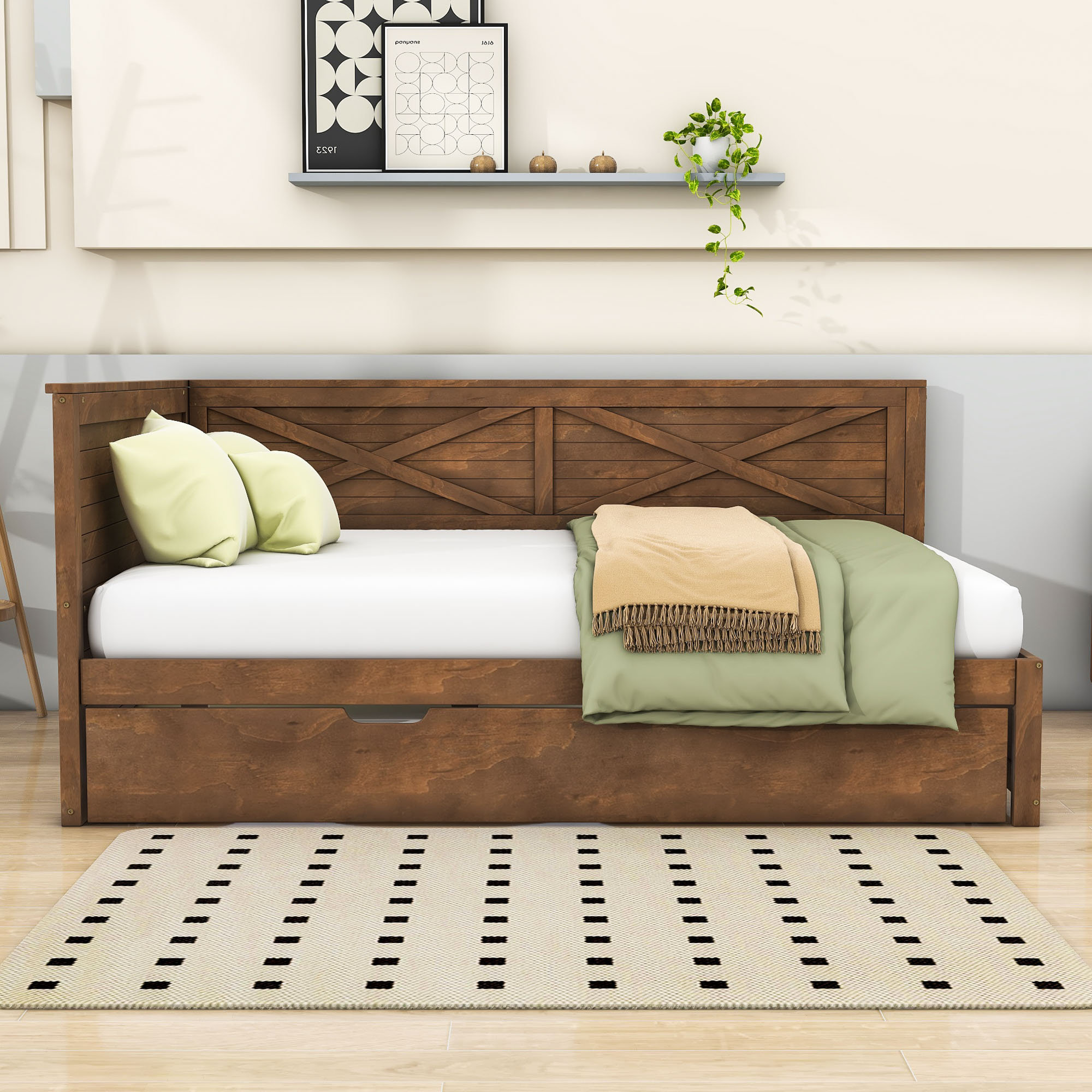 Gracie Oaks Twin Wood Daybed with Trundle and Rustic Guardrail ...