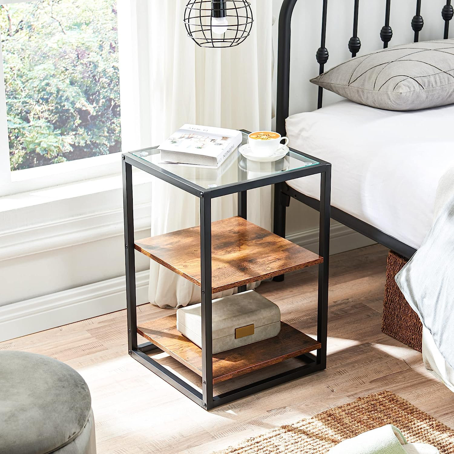 17 Stories Modern Bedside Table With Glass Top And Storage Shelf, 3 ...