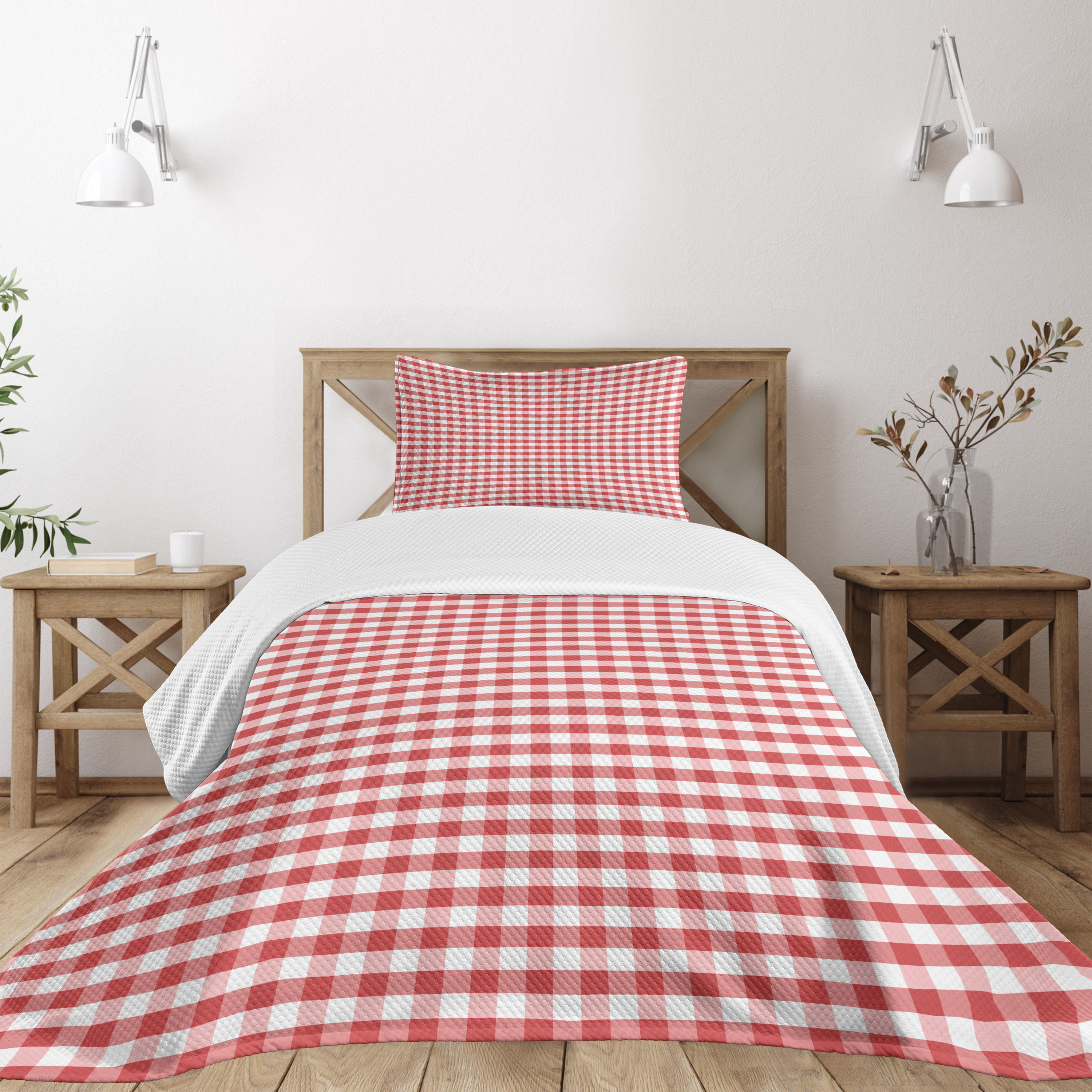 Ambesonne Checkered Bedspread Traditional Gingham Coral White | Wayfair