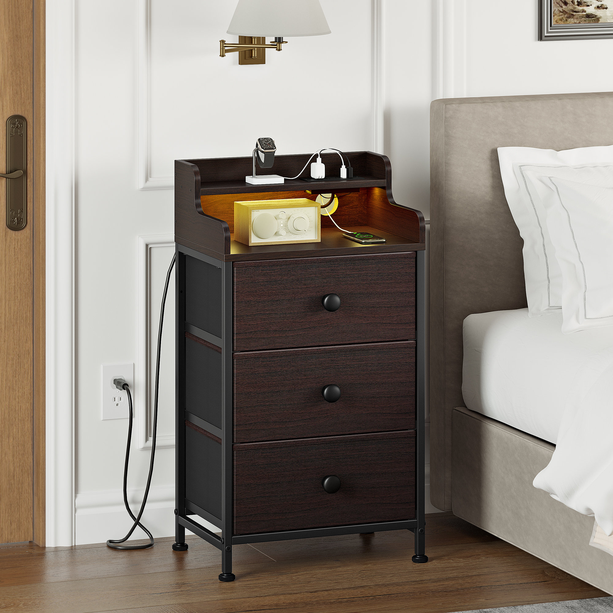 Winston Porter Nightstand With 3 Drawers & 2-Tier Open Shelf, Bedside ...
