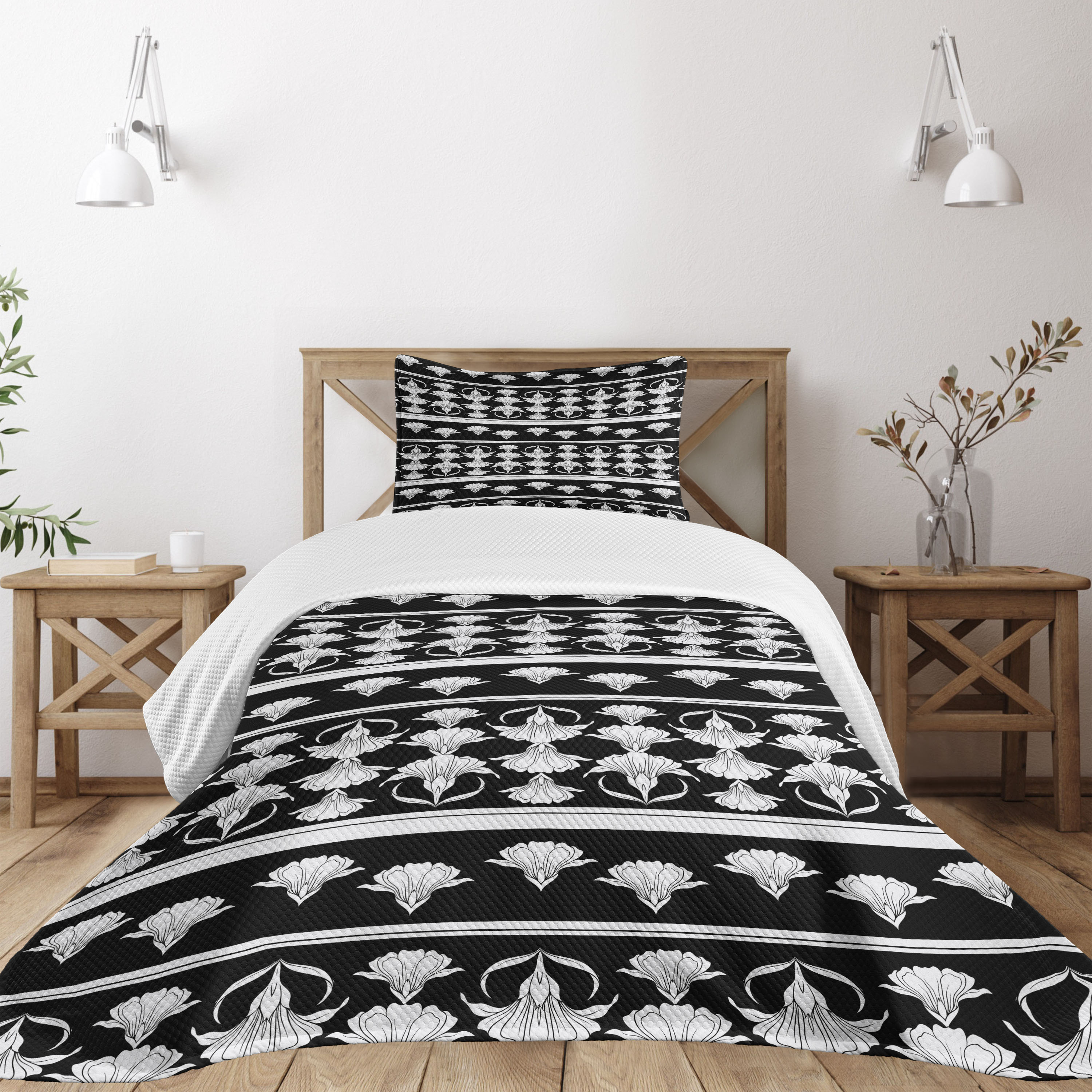 Ambesonne Art Deco Bedspread Set Classic Lily Petals Motif Black and ...