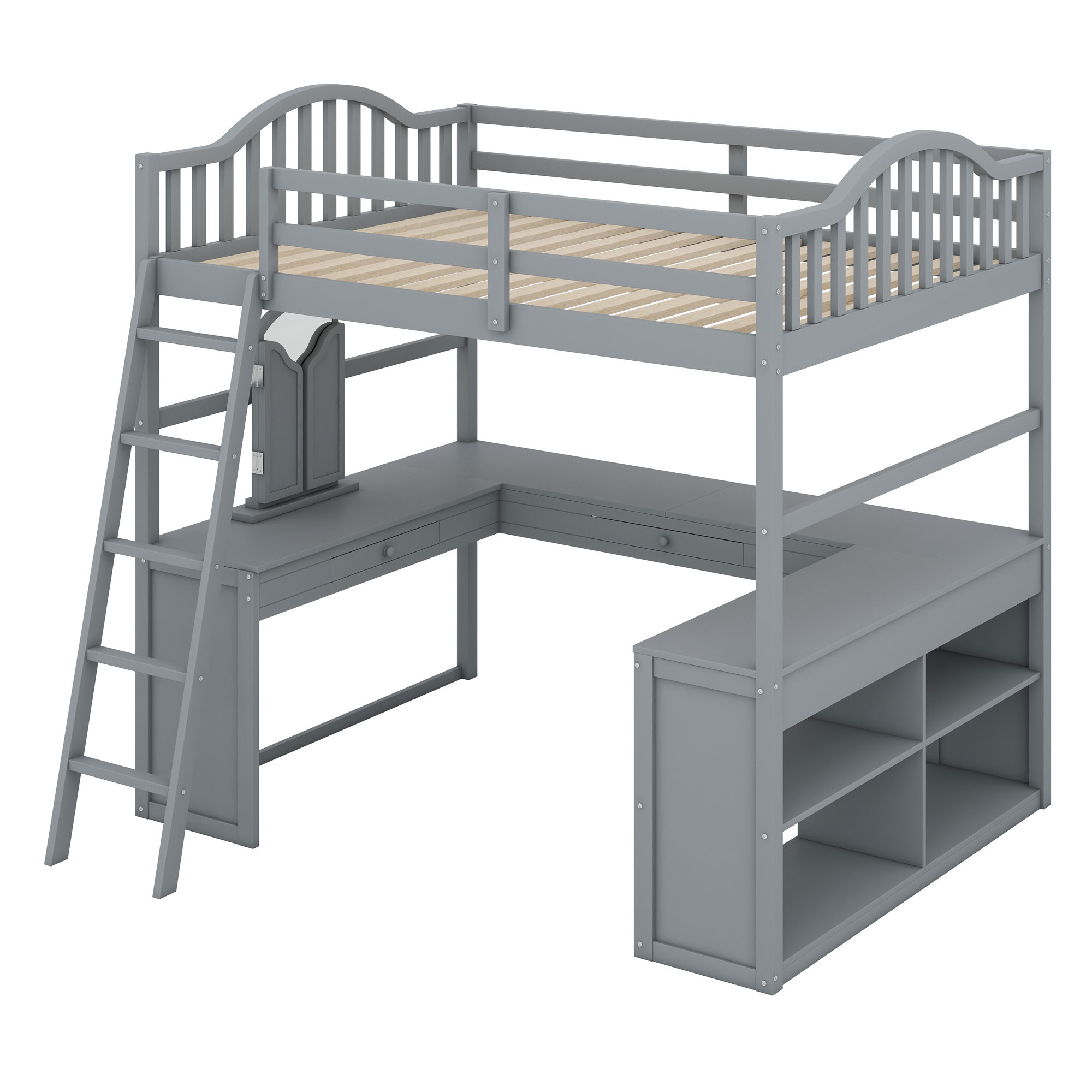 Latitude Run® Wooden Loft Bed With U-Shaped Desk,Storage Compartments ...