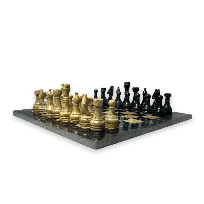 Marble Cultures 16" Black And Coral Marble Chess Set With Black Border ...