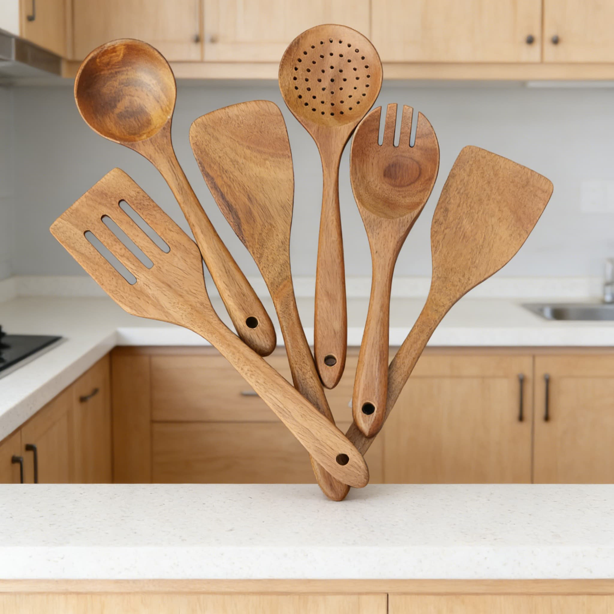 wuyi Acacia Wooden Spoon Set, 5-Piece Wooden Utensils For Cooking ...