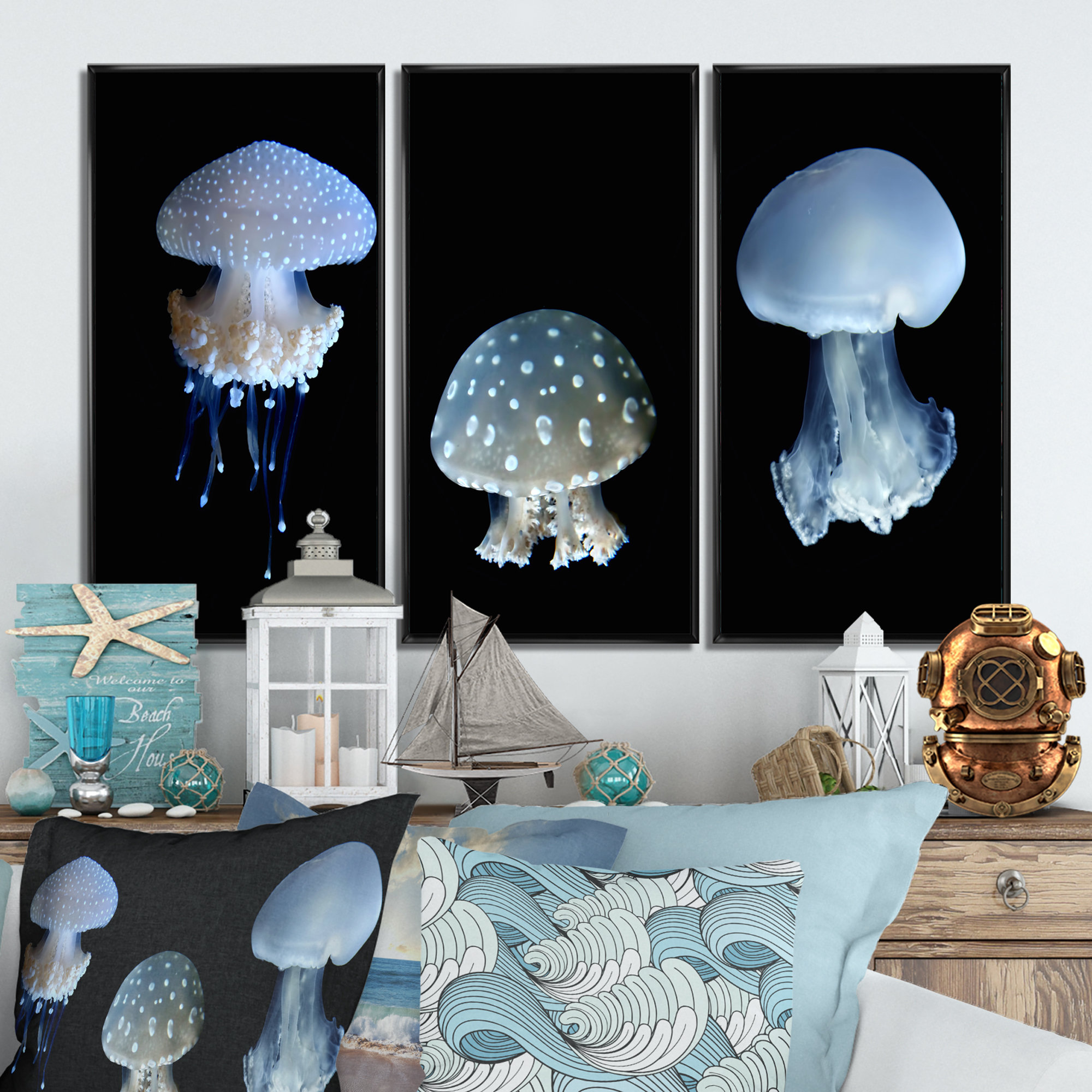 Latitude Run® Three Jellyfish Species On Black - Nautical & Coastal ...