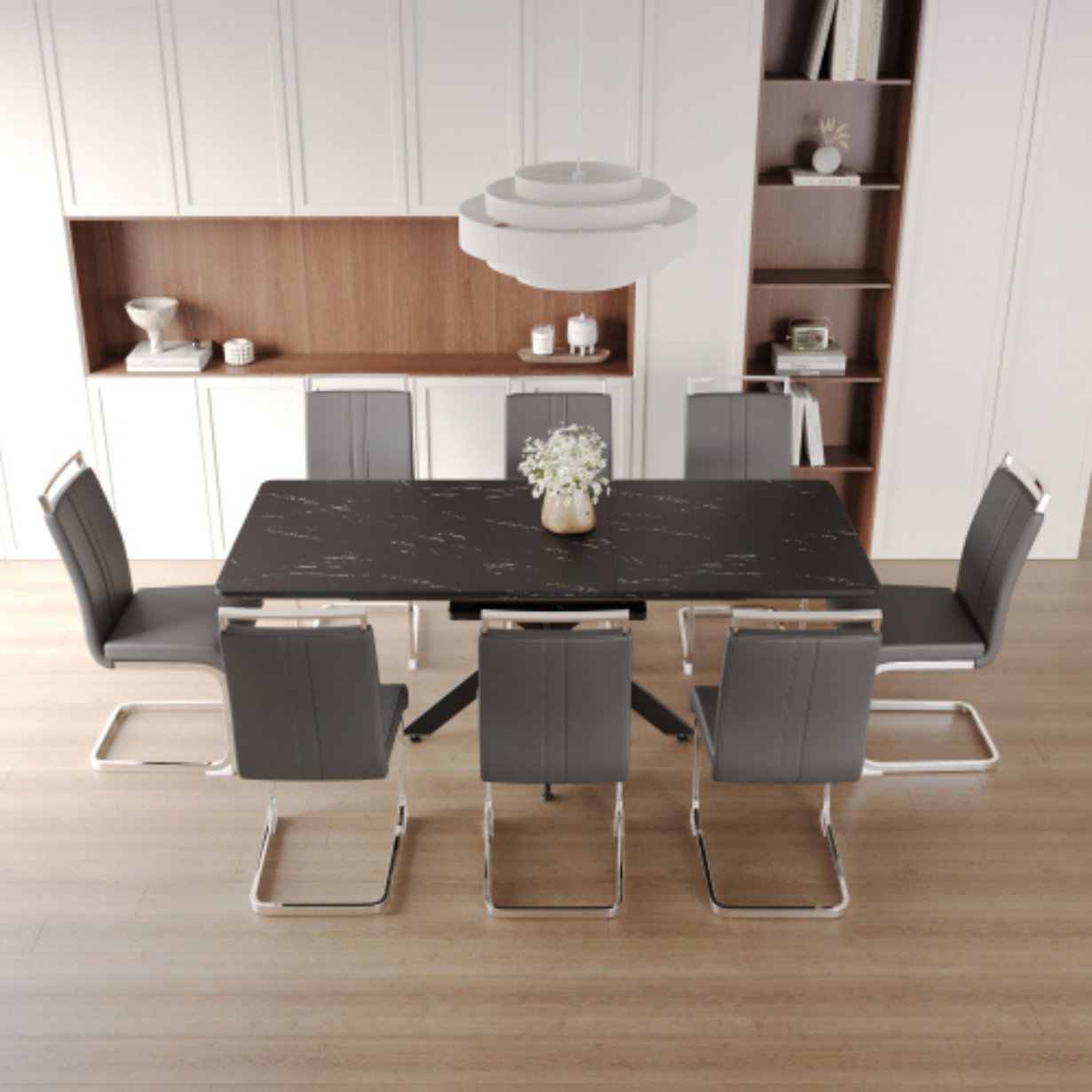 Orren Ellis Extendable Dining Table Set For 6-8 Person,C-Shaped Tube ...