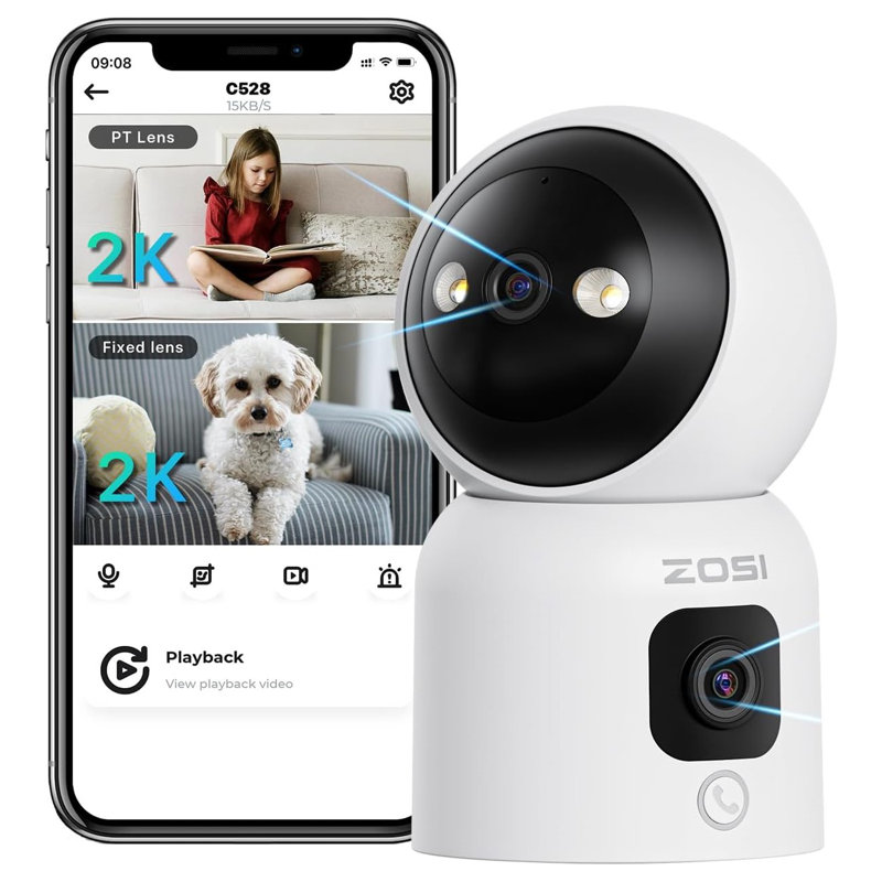 ZOSI 2K 3MP Dual-Lens Indoor Security Camera, 360° PTZ Baby/Pet Monitor ...