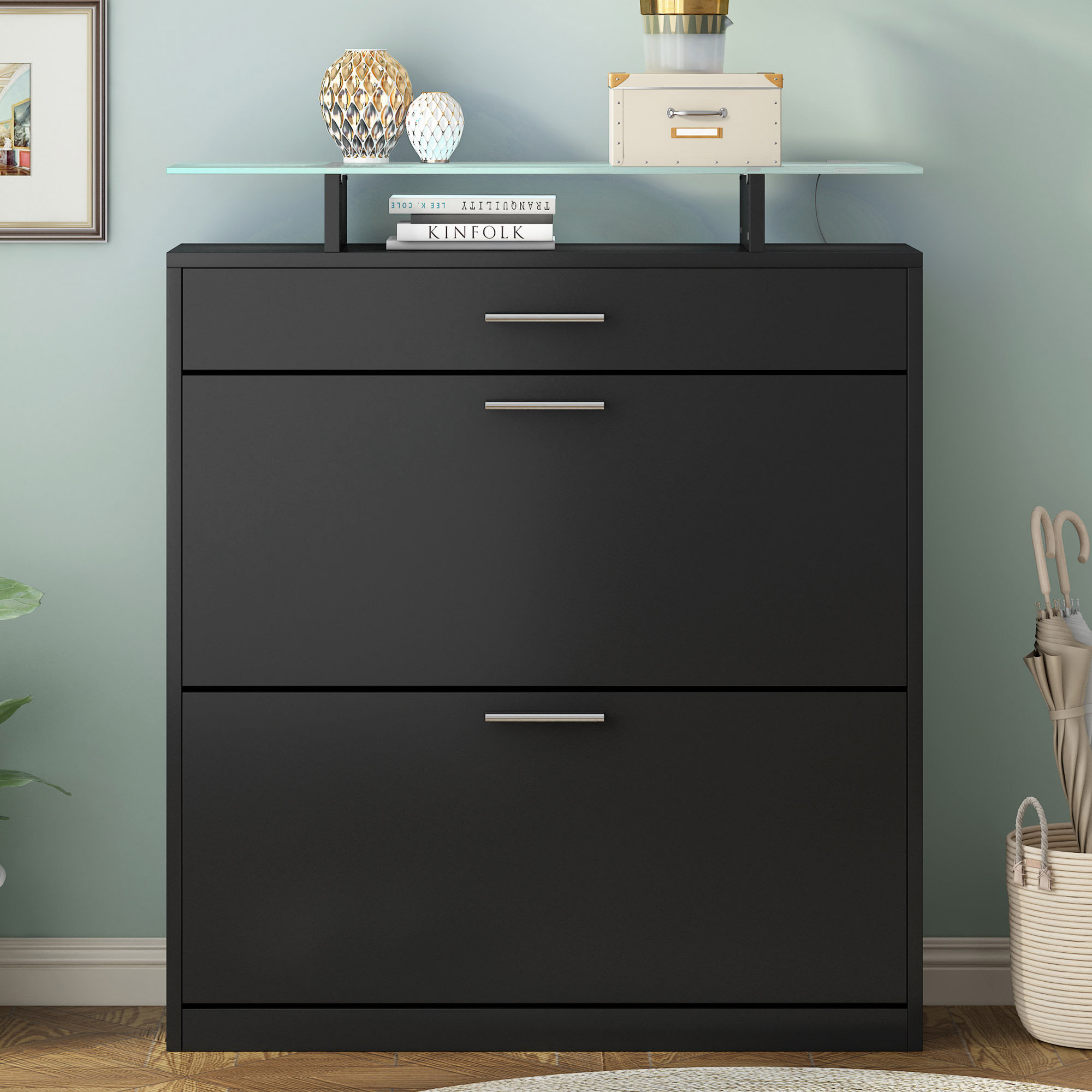 Wrought Studio™ Tempered Glass Top Shoe Storage Cabinet with Drawer ...