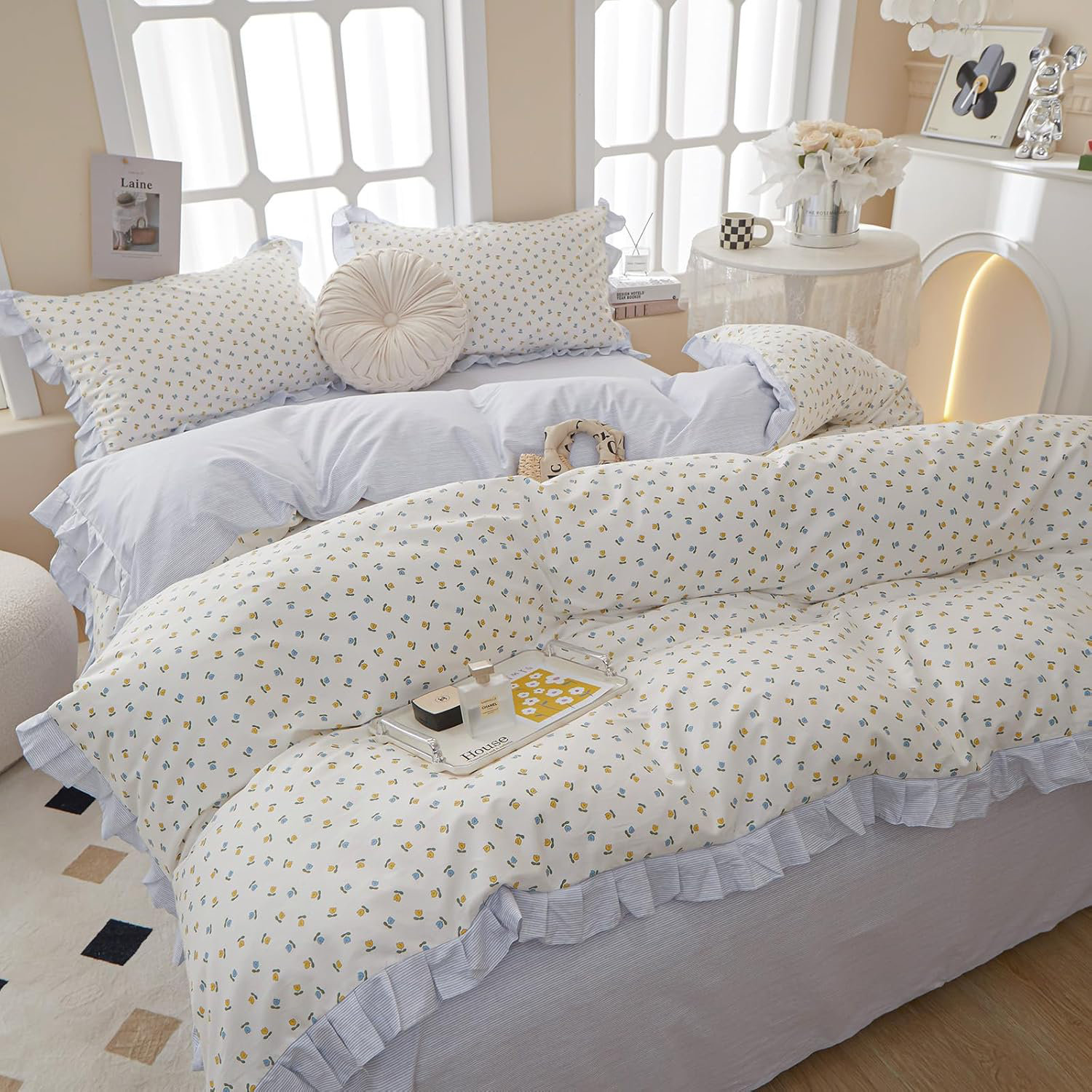 MODVAT 3PCS Ruffle Cotton Comforter Cover Boho Blue Striped and Cute ...