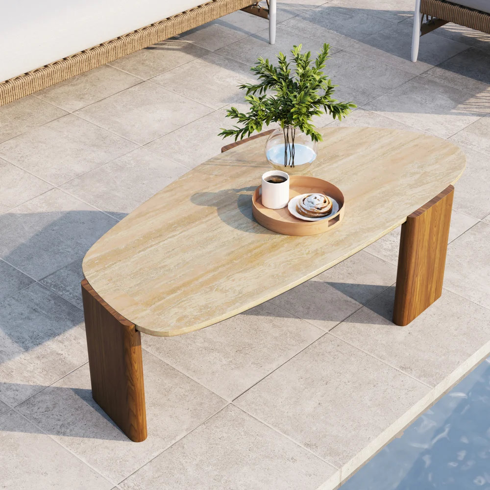 Ivy Bronx Modern Geometric Outdoor Patio Travertine Coffee Table with ...
