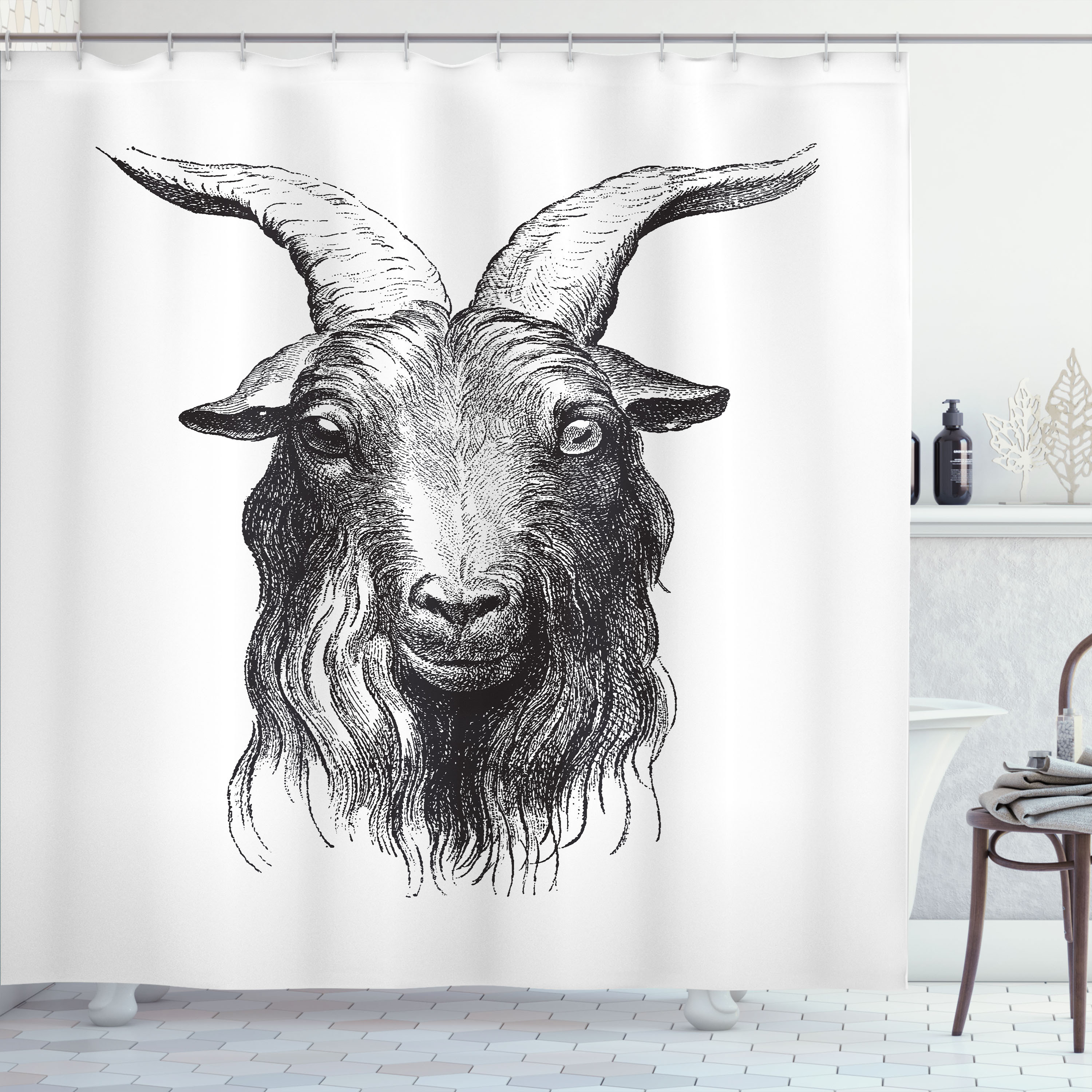 George Oliver Goat Shower Curtain Wild Ruminant Mammal Head Black and ...