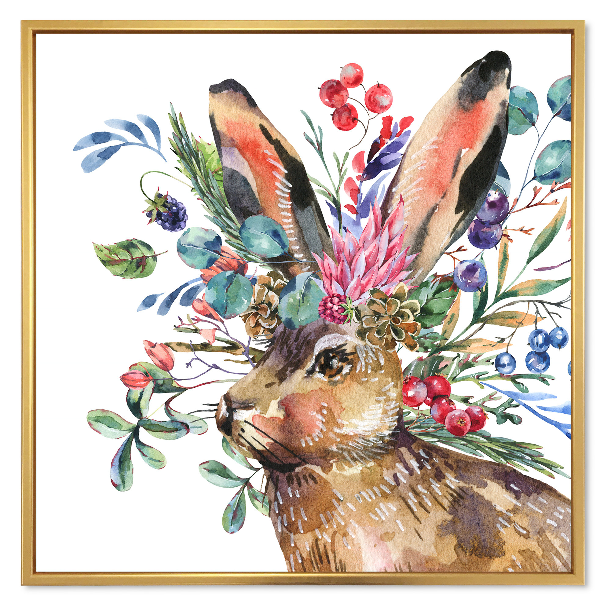 East Urban Home Hare With Flowers - Traditional Canvas Wall Art Print ...