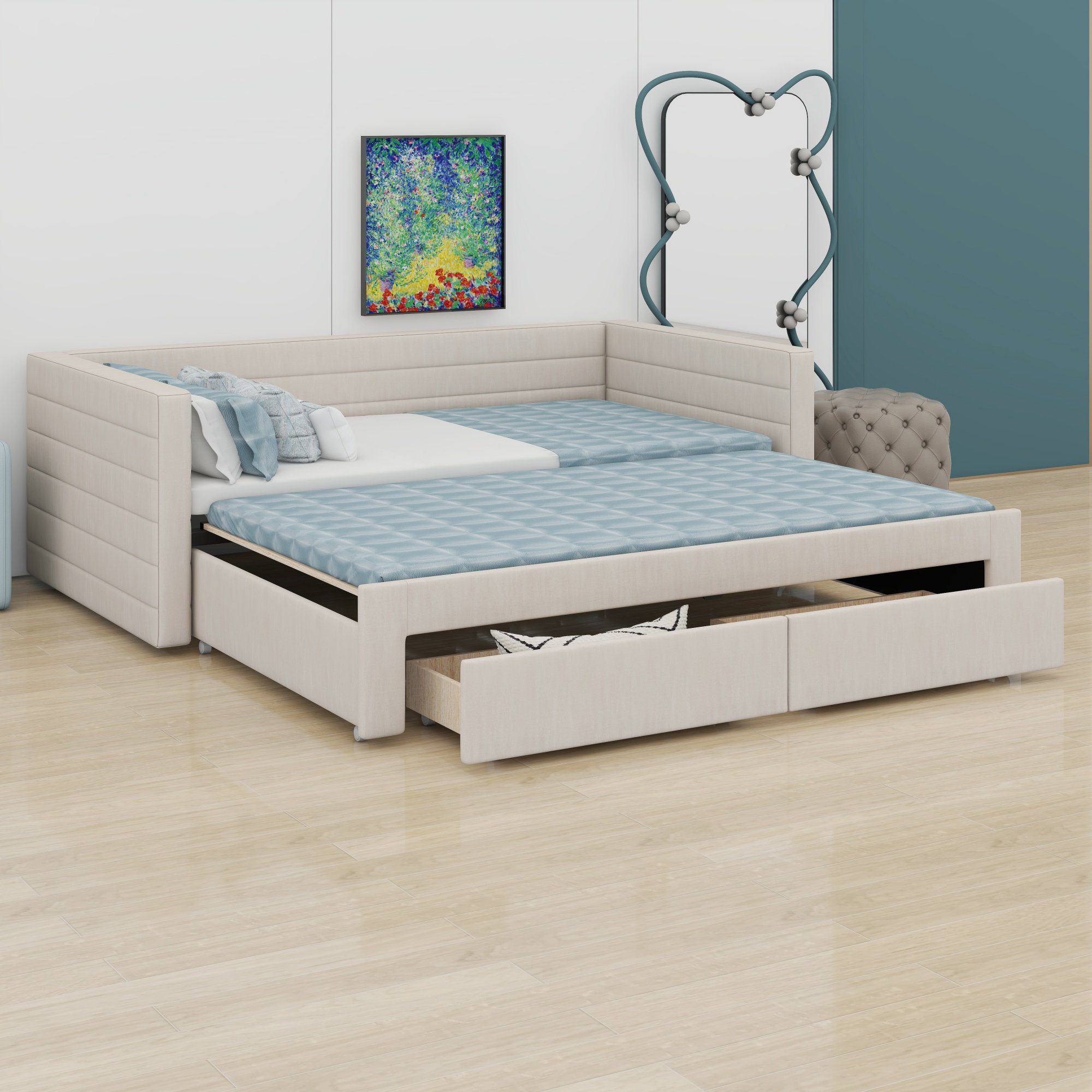 Latitude Run® Upholstered Daybed Frame With Trundle And Storage Drawers ...