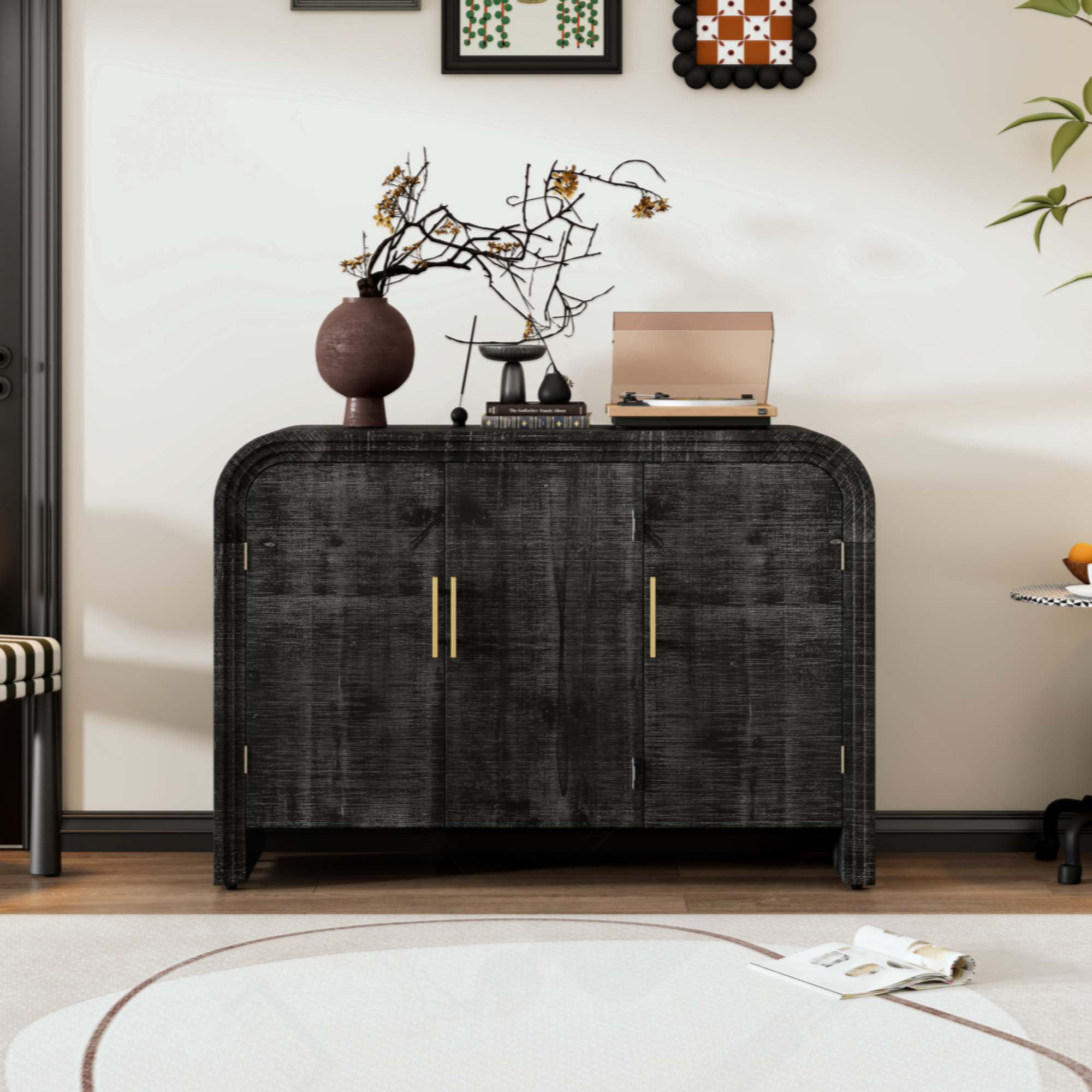 George Oliver Retro Minimalist Curved Sideboard With Handles And ...