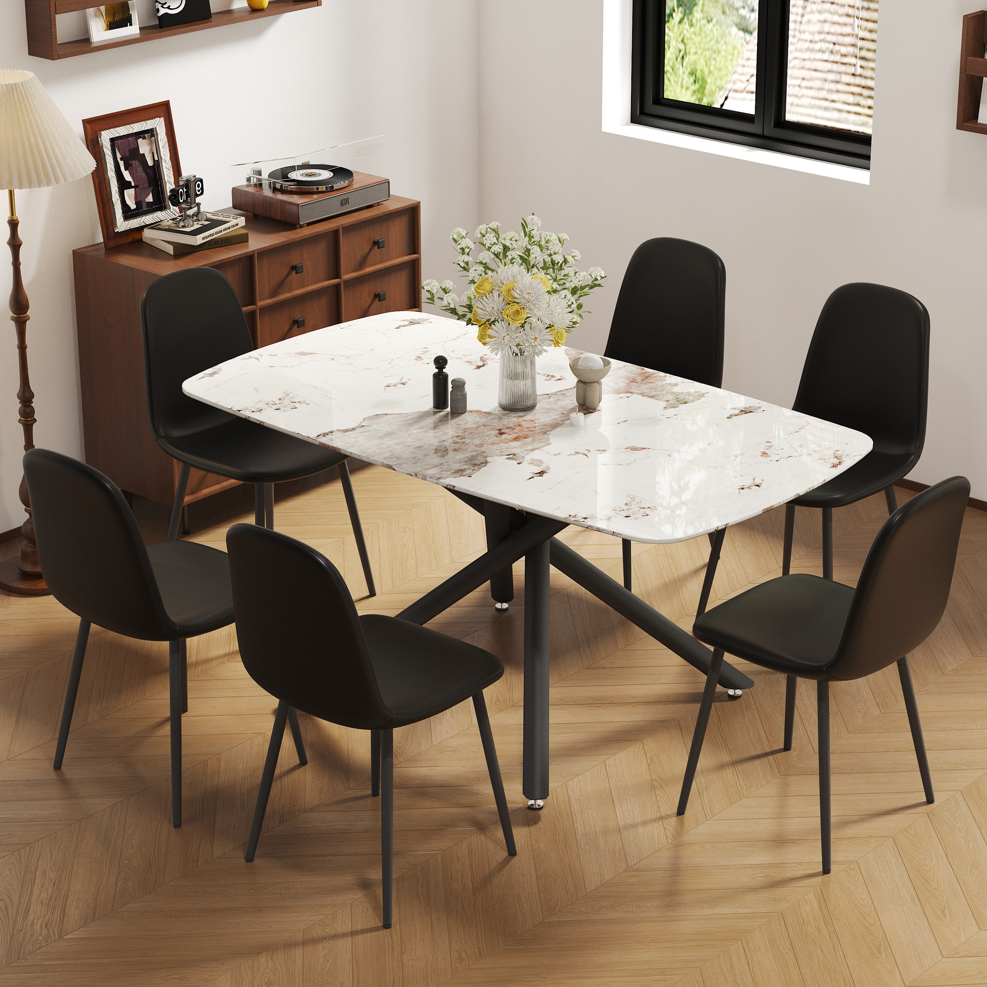 Ivy Bronx Extravagant Marble-patterned Glass Dining Table Set With 6 ...