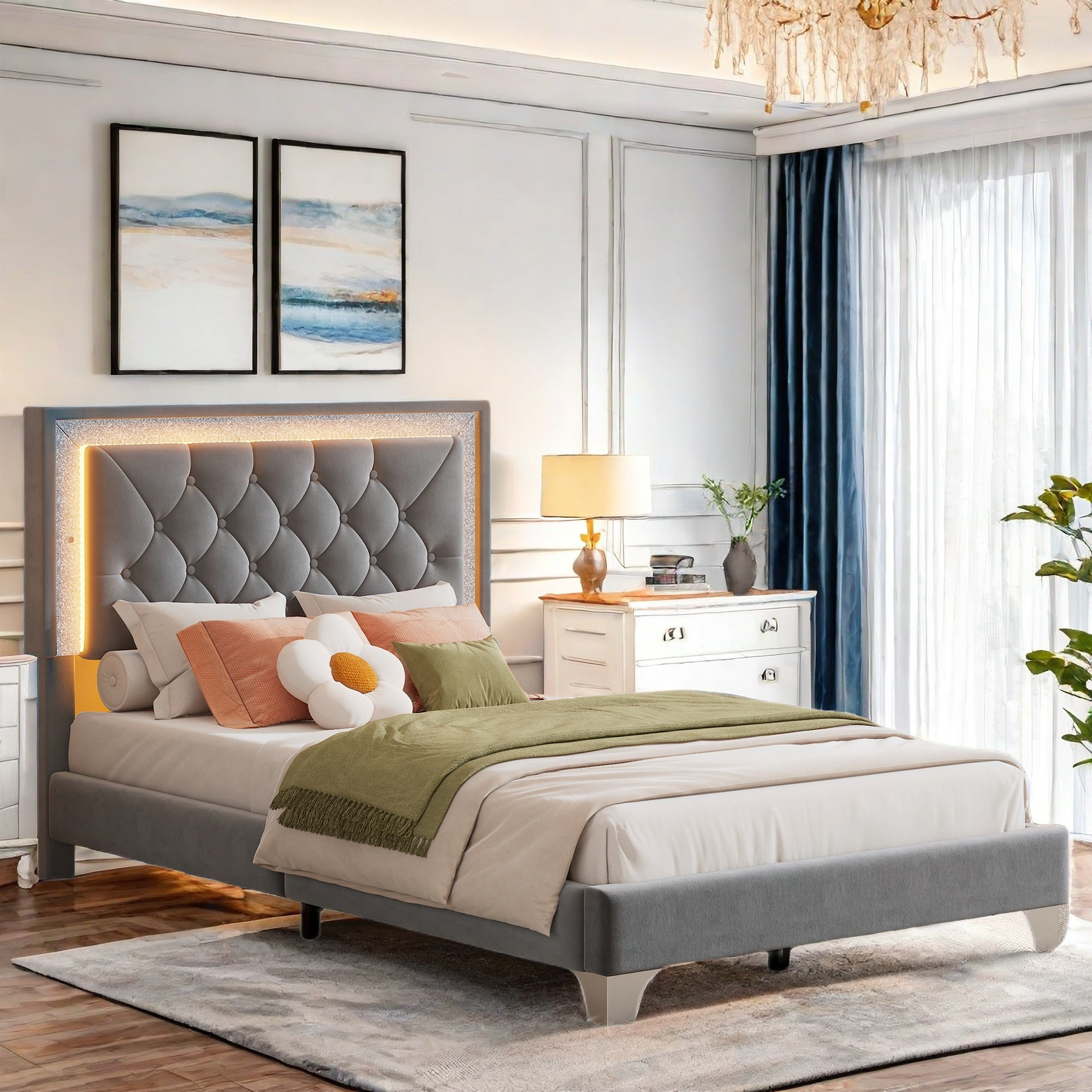 Ivy Bronx Tayar Upholstered Bed Frame with LED Lights And Tufted ...