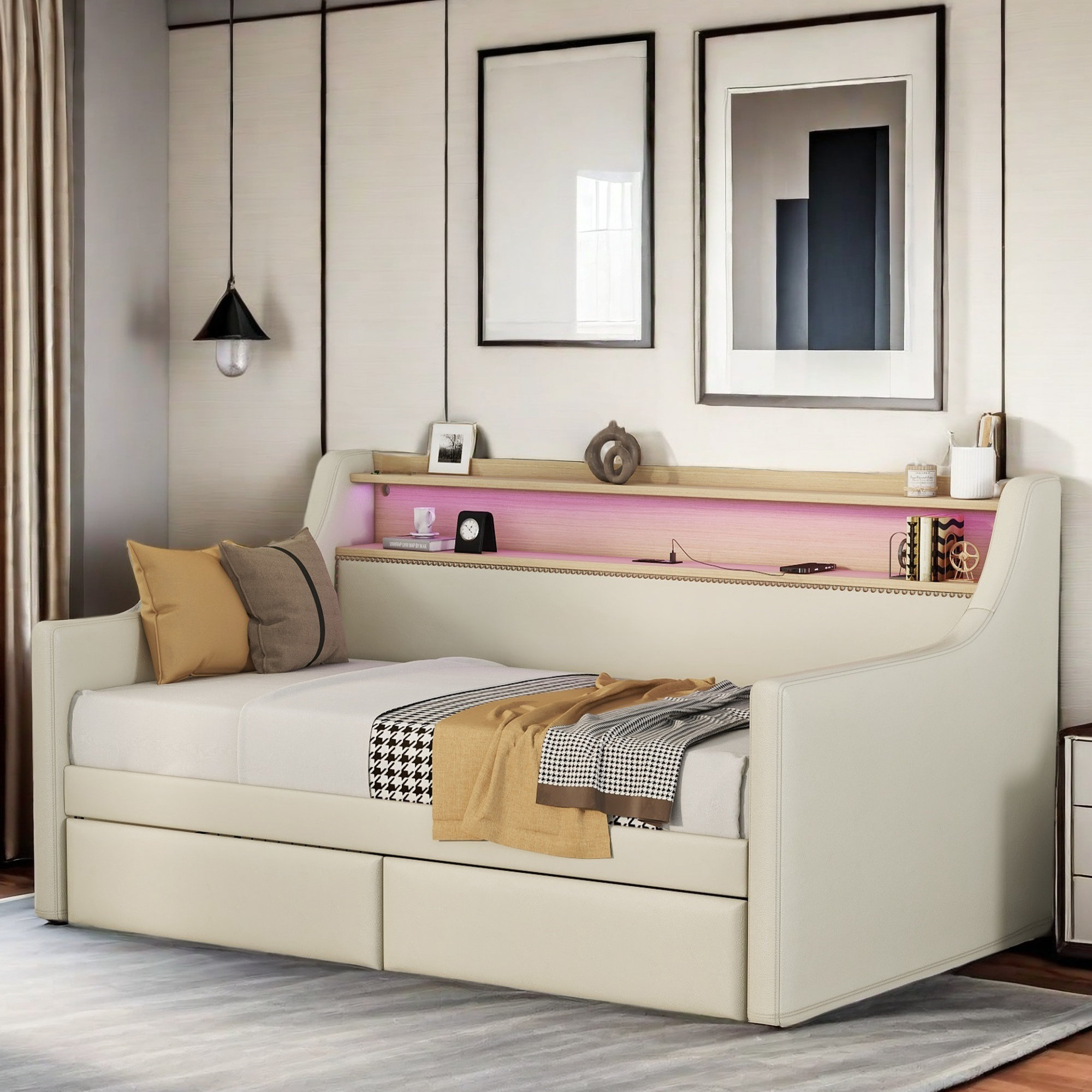 Latitude Run® Upholstered Daybed With Drawers, Charging Station And Led ...