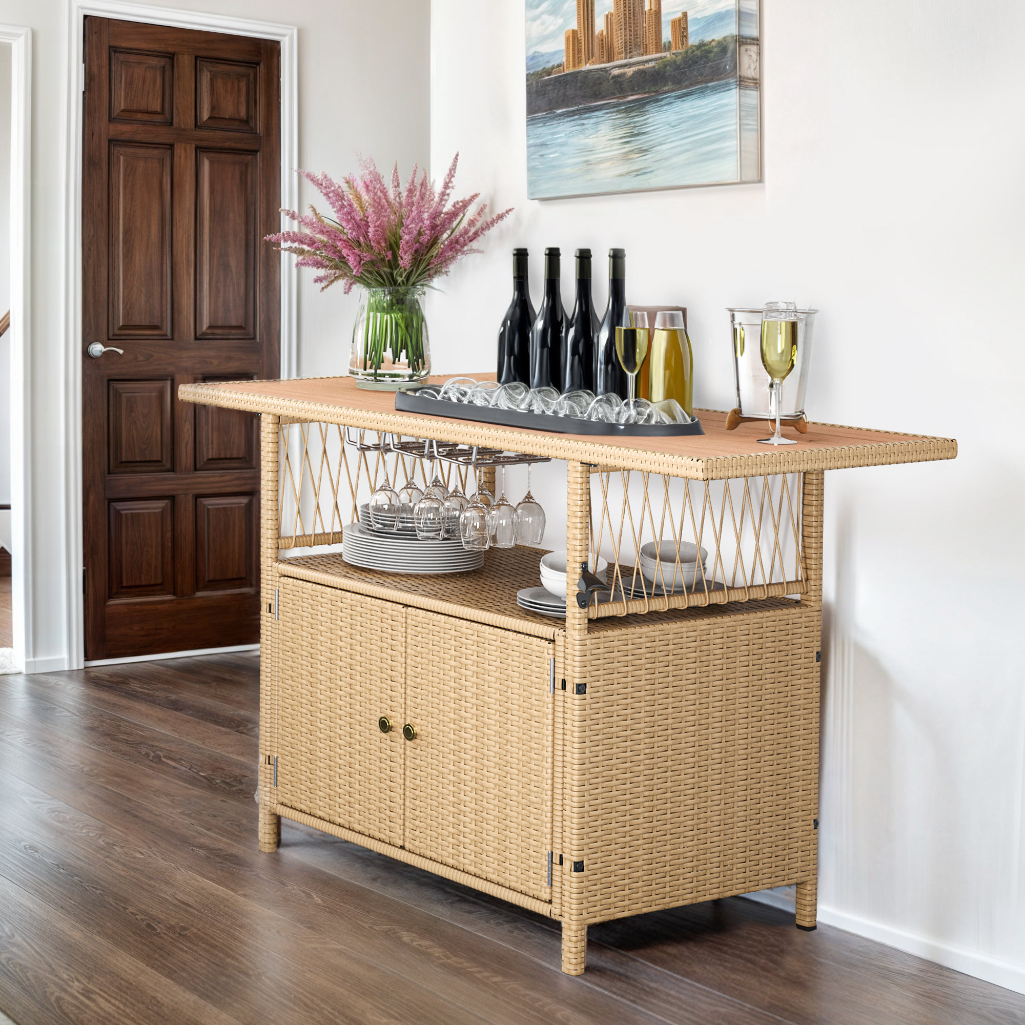 Lark Manor XL Outdoor Bar Table Storage Cabinet Wicker Patio Bar Table - Wayfair Canada