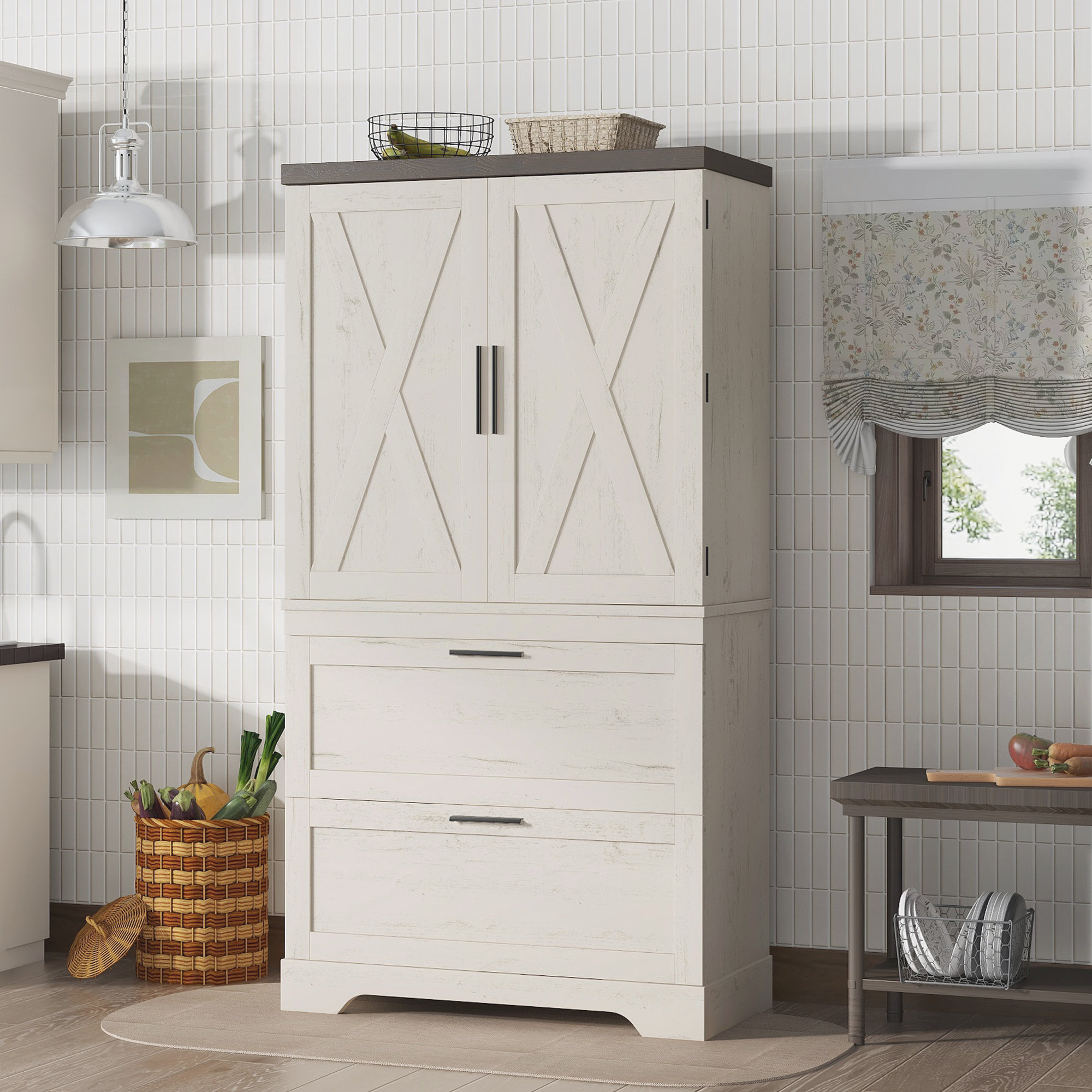 August Grove Modern Farmhouse Kitchen Pantry Cabinet with Drawers ...