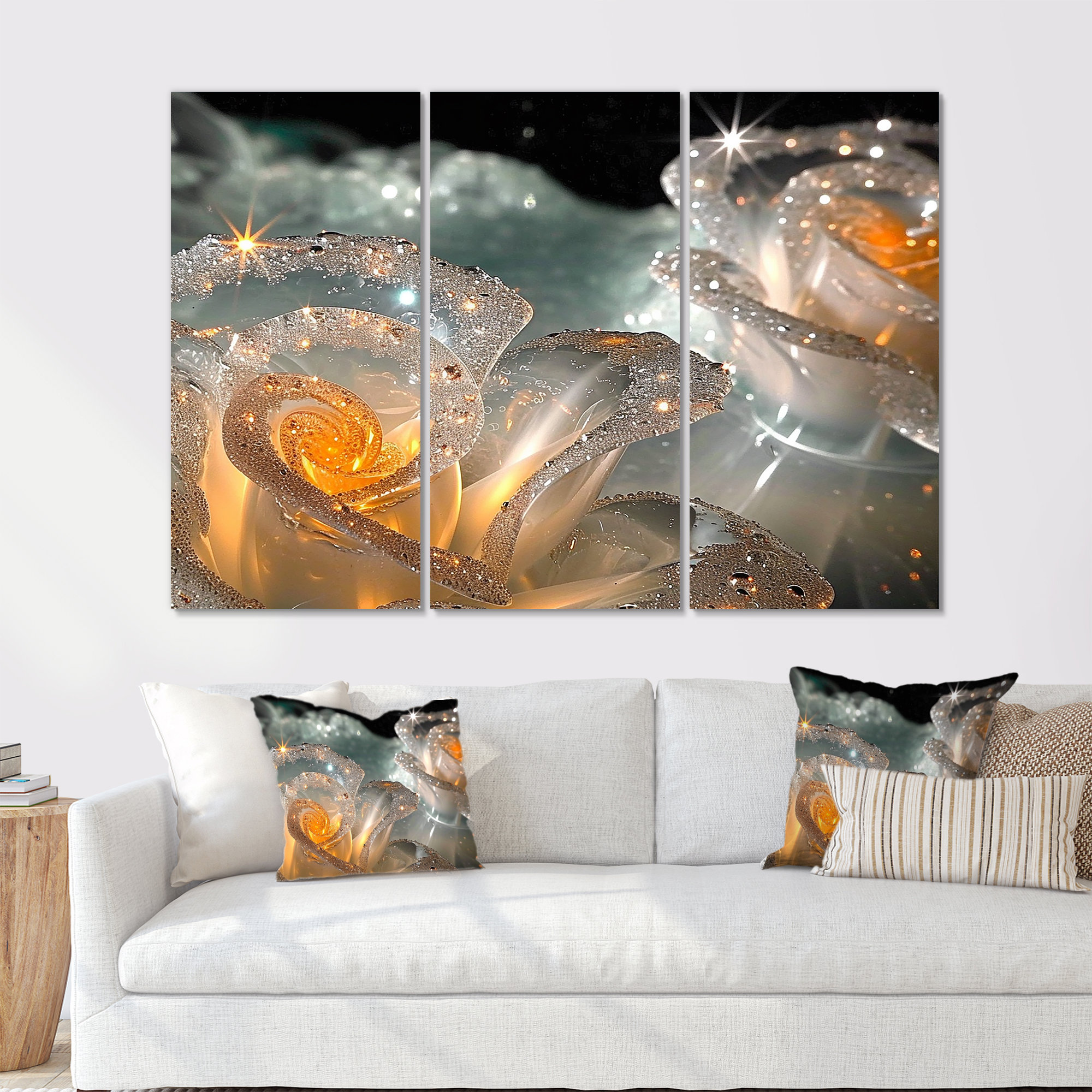 Design Art Sparking Translucent Roses Golden Glam Core - Rose Wall Art ...