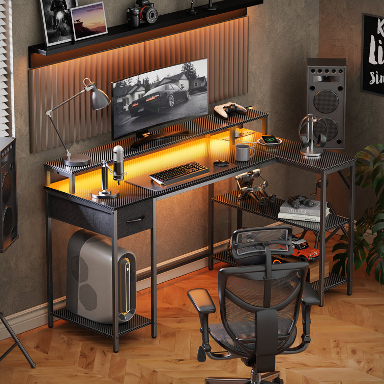 Coolbrook L-Shaped Gaming Desk with LED Lights, Power Outlets, Office ...