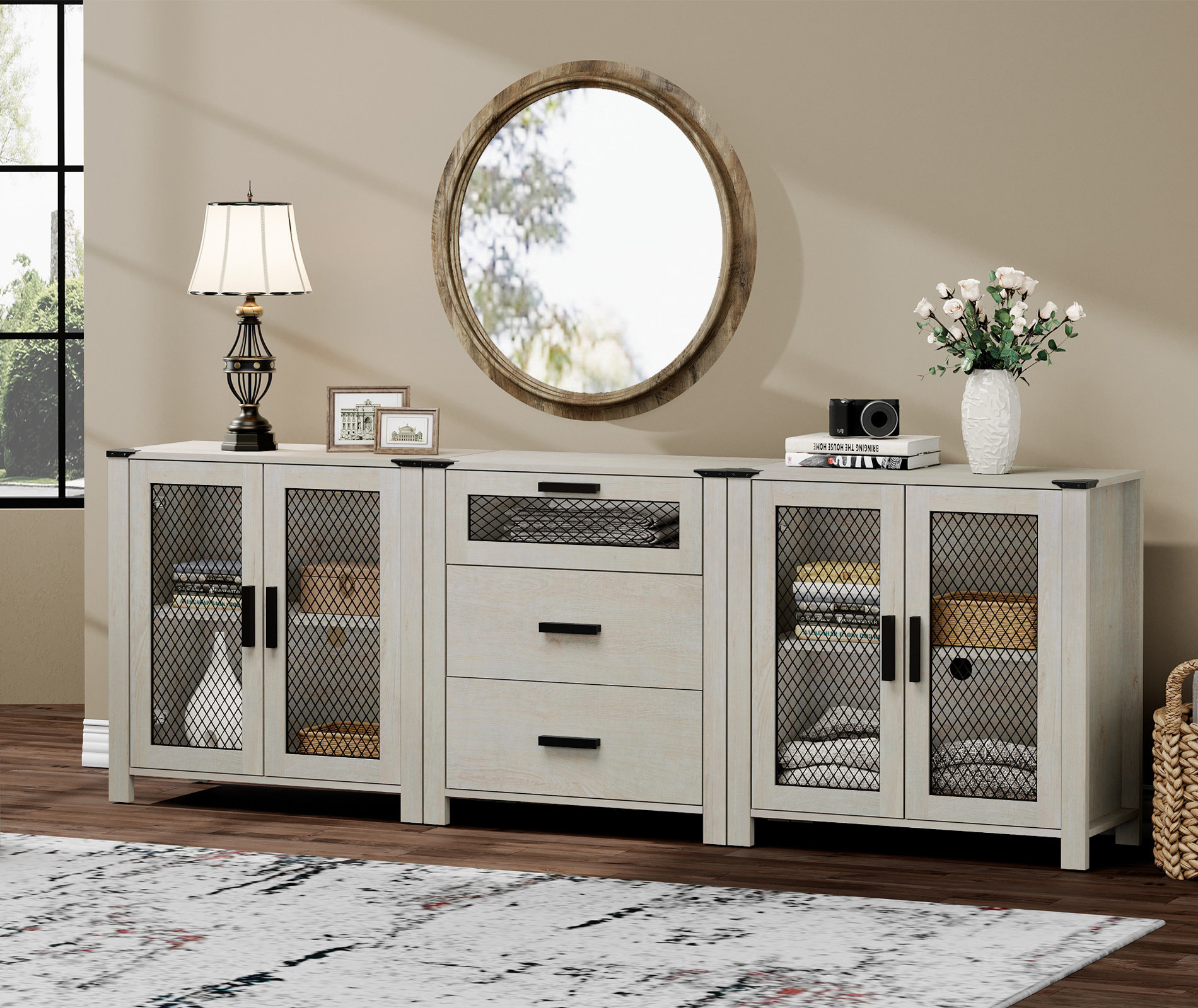 Gracie Oaks Drawers TV Stand Set With Mesh Door,Storage Cabinet With ...