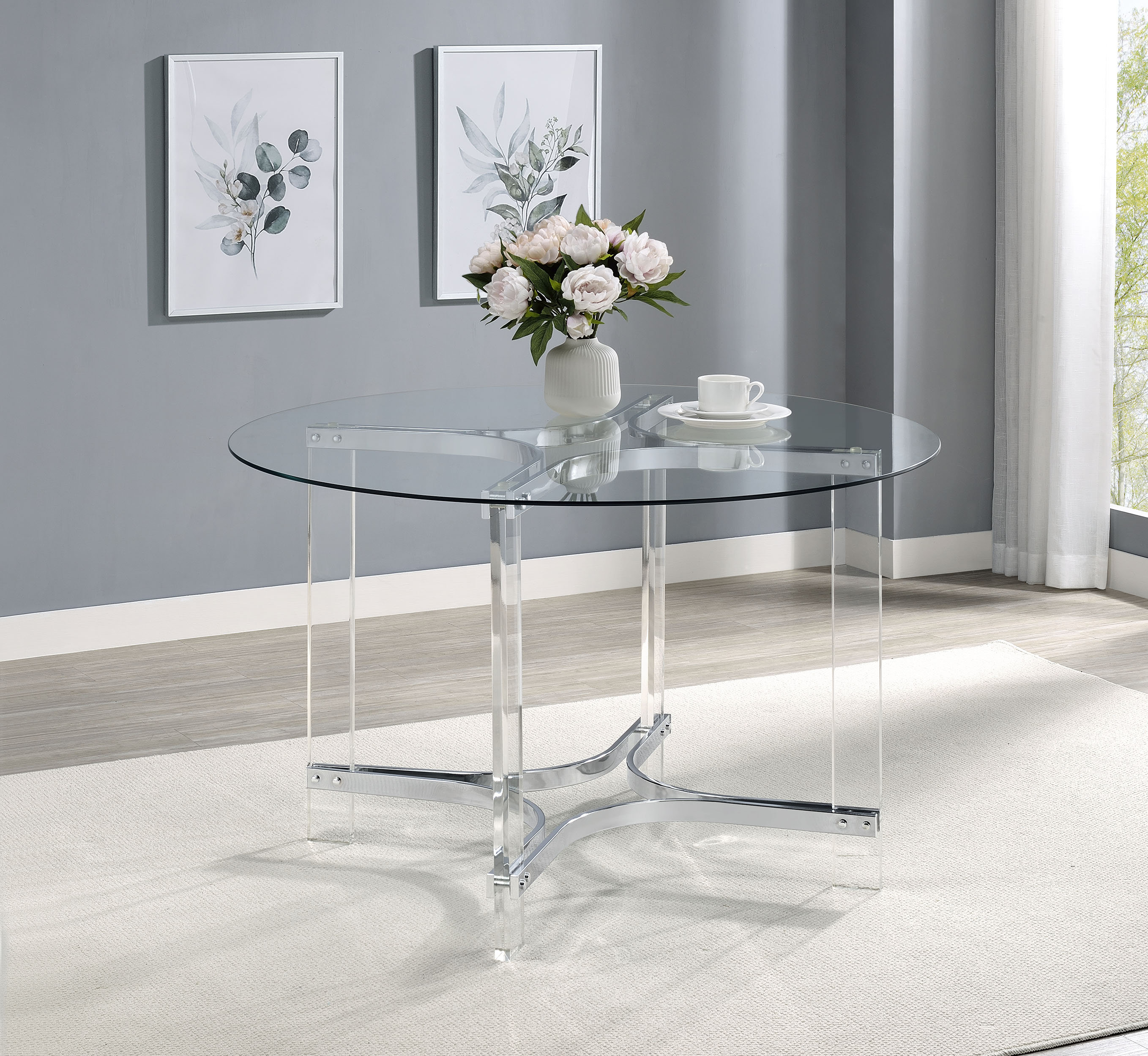 Ivy Bronx Deava 47-Inch Round Glass Top Acrylic Dining Table Chrome ...
