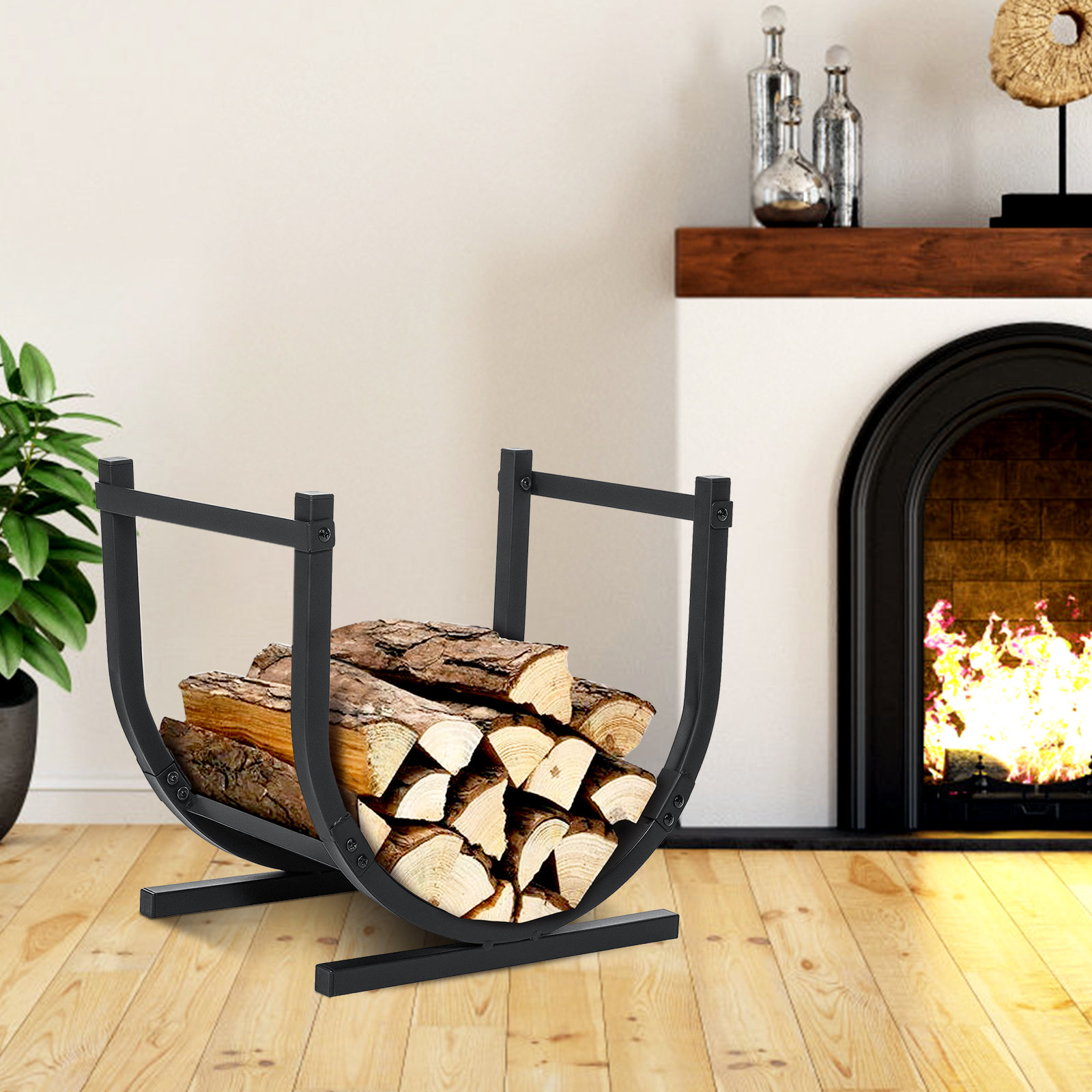 Winston Porter Mihal 19''W Stylish U-shaped Log Rack Black Steel Log ...