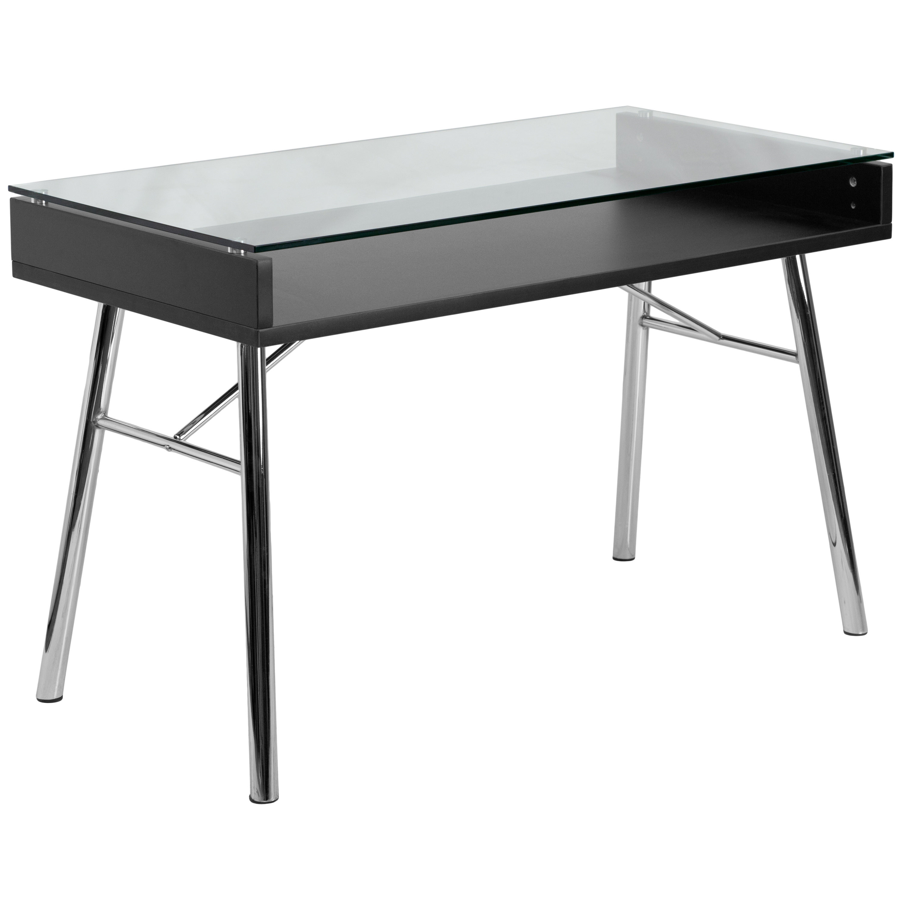 Ivy Bronx Jerome Tempered Glass Top Desk with Open Storage and Chrome ...