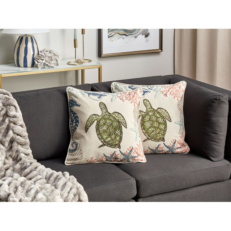 Beachcrest Home Set of 2 Linen Cushions Tortoise Motif 45 x 45 cm Beige ...