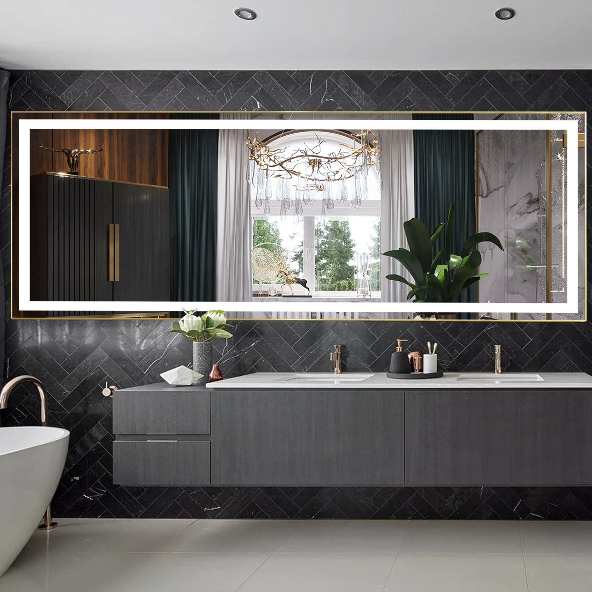 FB Eleen Rectangular Gold Frame Modern High Lumen Lighted LED Mirror Anti-Fog Wall Mounted ...