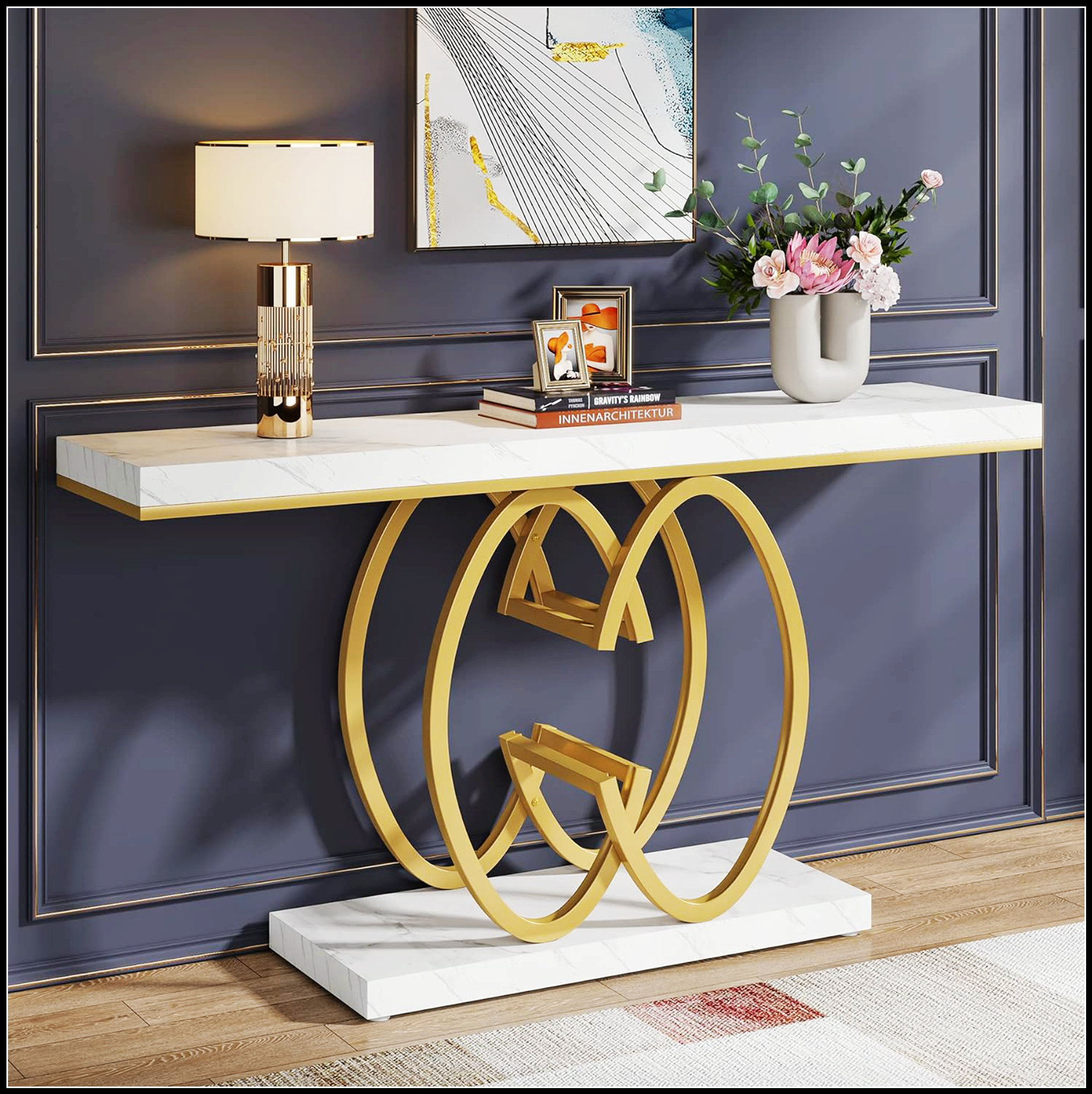 Mercer41 Stylish Faux Marble Console Table with Gold Geometric Base, Perfect for Modern and ...