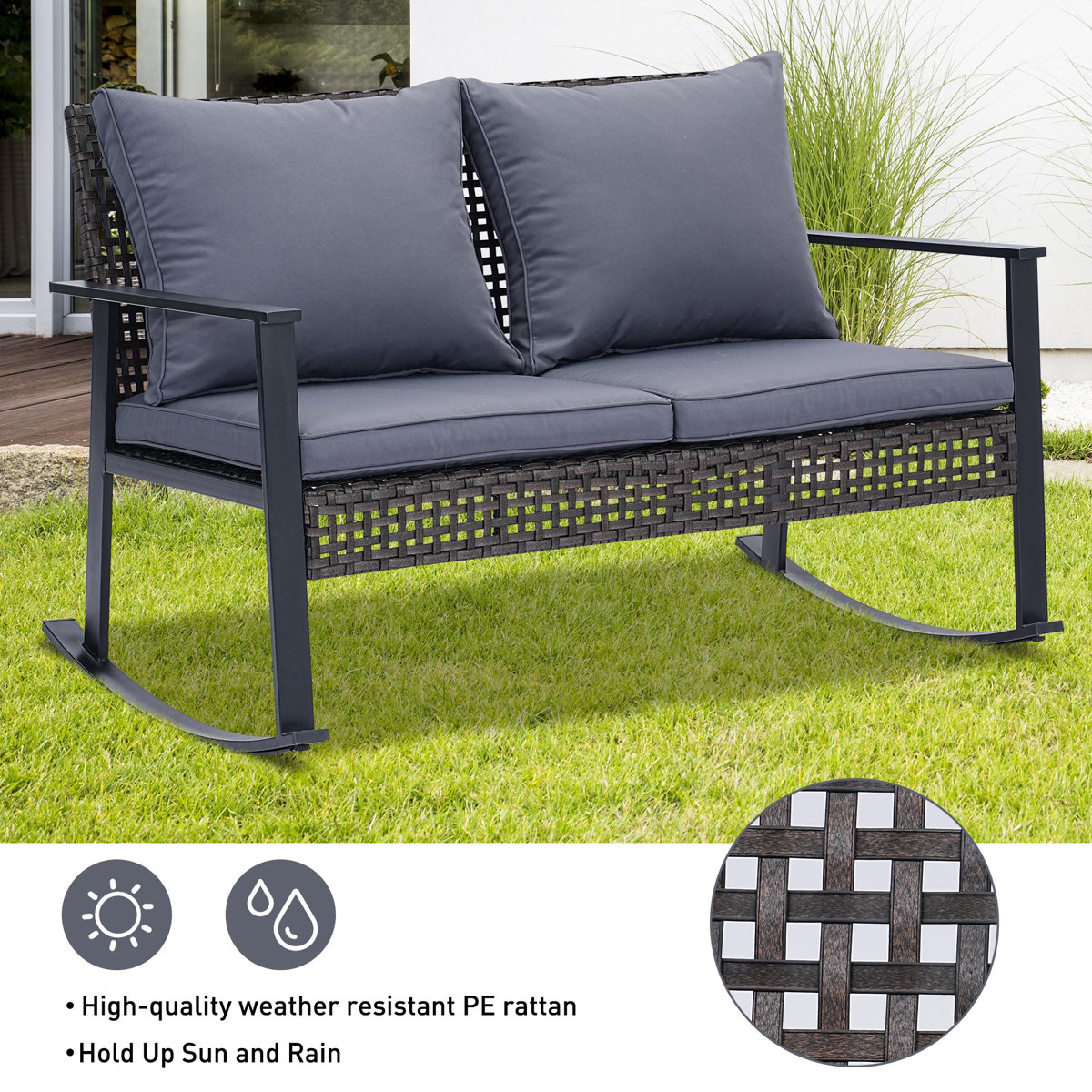 Winston Porter Outdoor rattan rocking loveseat chair | Wayfair