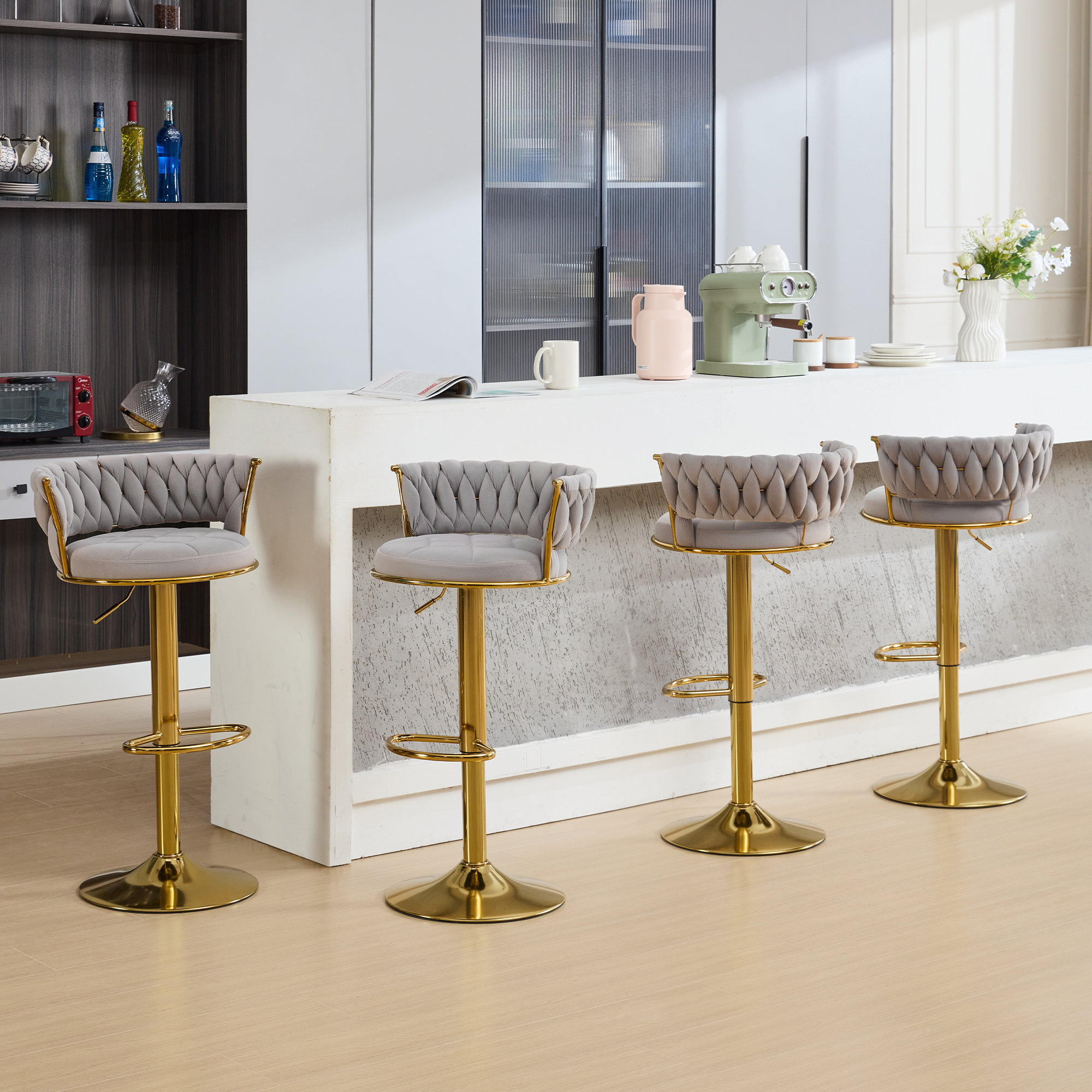 Wade Logan Ferriera Velvet Upholstered Bar Stools with Woven Backrest ...