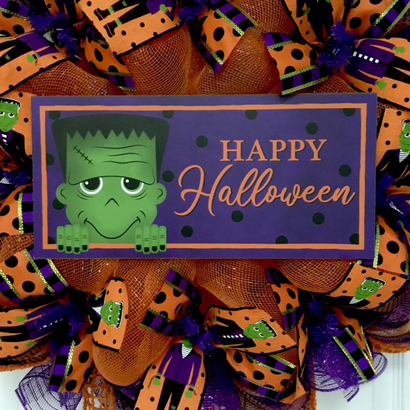 The Holiday Aisle® Happy Halloween Wreath with Monster | Wayfair