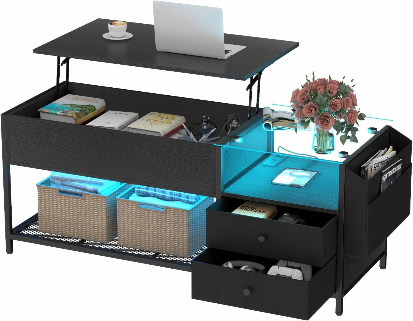 Orren Ellis Lift Top Coffee Table with LED Light & Power Outlet, Retro ...