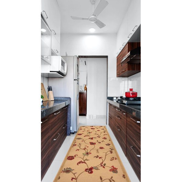 Rosalind Wheeler Custom Size Floral Scroll Beige Low Pile Slip ...