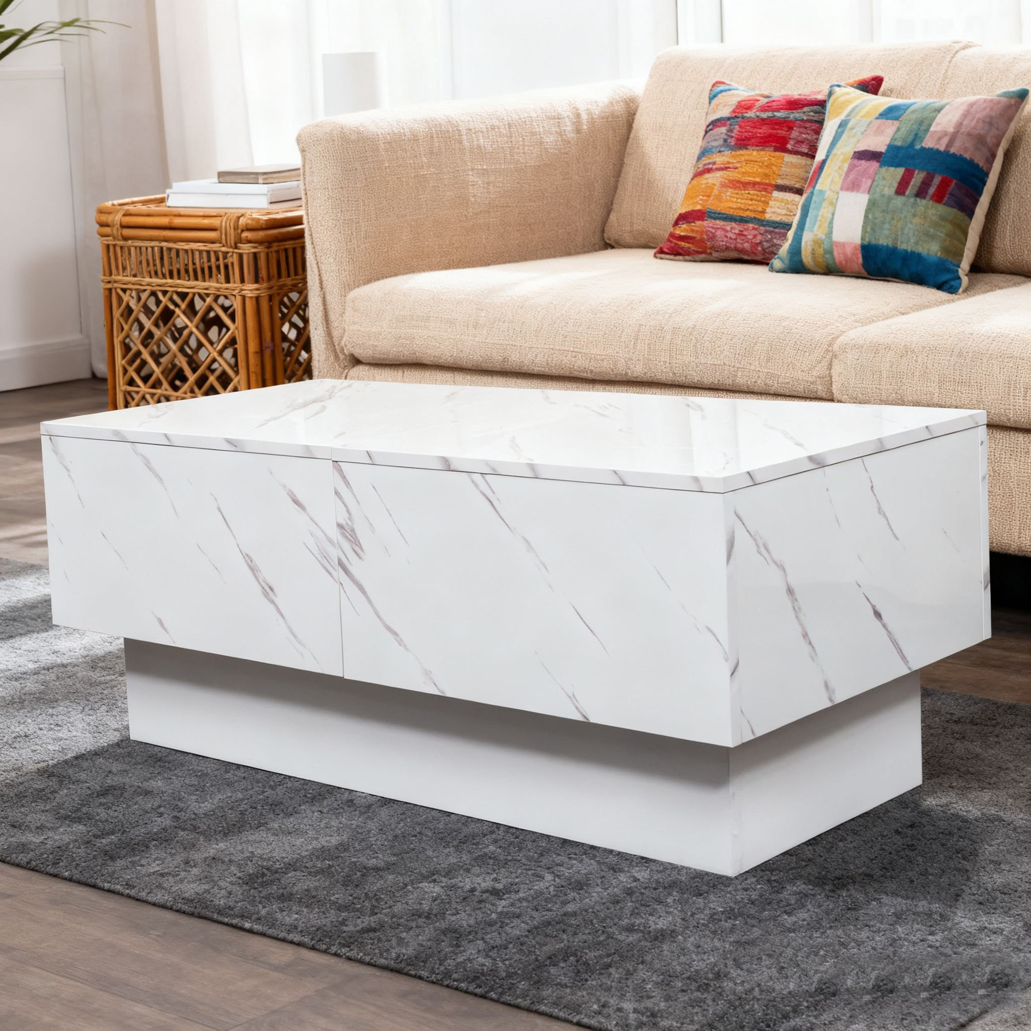 Ivy Bronx Modern White Faux Marble Coffee Table with Sleek Design | Wayfair