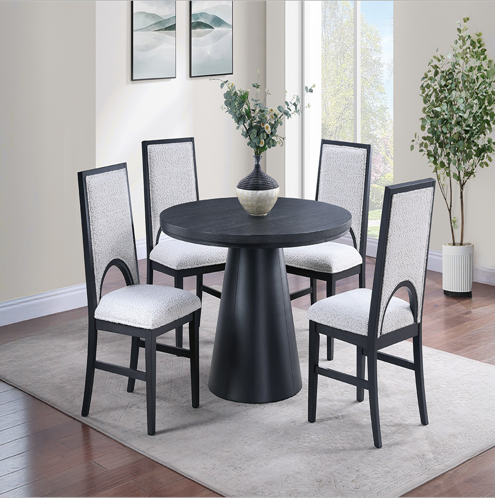 Hokku Designs Dining Table And 4x Side Chairs White Finish Fabric Black ...