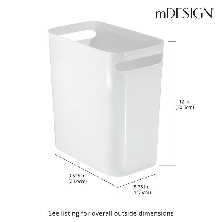 mDesign Plastic Slim Large 2.5 Gallon Trash Can Wastebasket - White ...