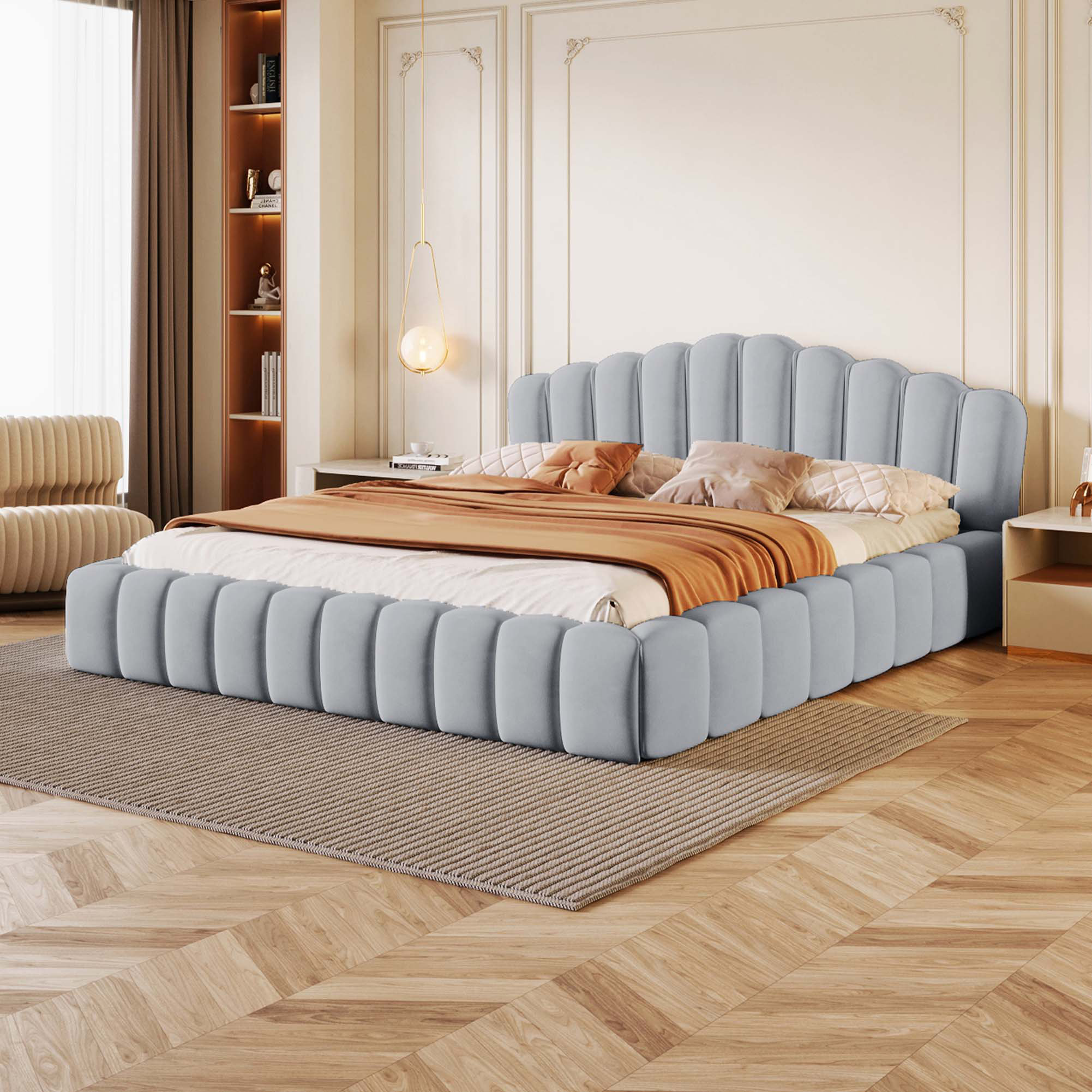 Mercer41 Velvet Upholstered Bed Floor Bed Frame Shell-Shaped Headboard ...