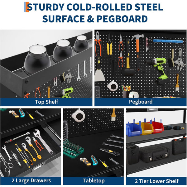 17 Stories 48 Inch Garage Workbench, 3 Tier Heavy Duty Rolling ...