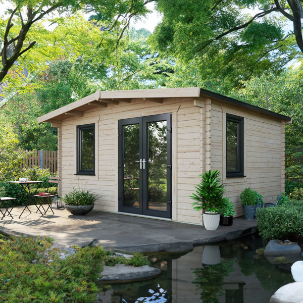 POWERSHEDS 14 ft. W x 12 ft. D Power Right Hand Door Apex Chalet Log ...