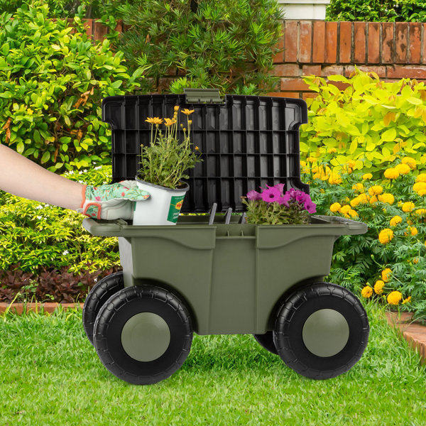 Pure Garden Rolling Garden Cart with Seat - Plastic Storage with Bench ...