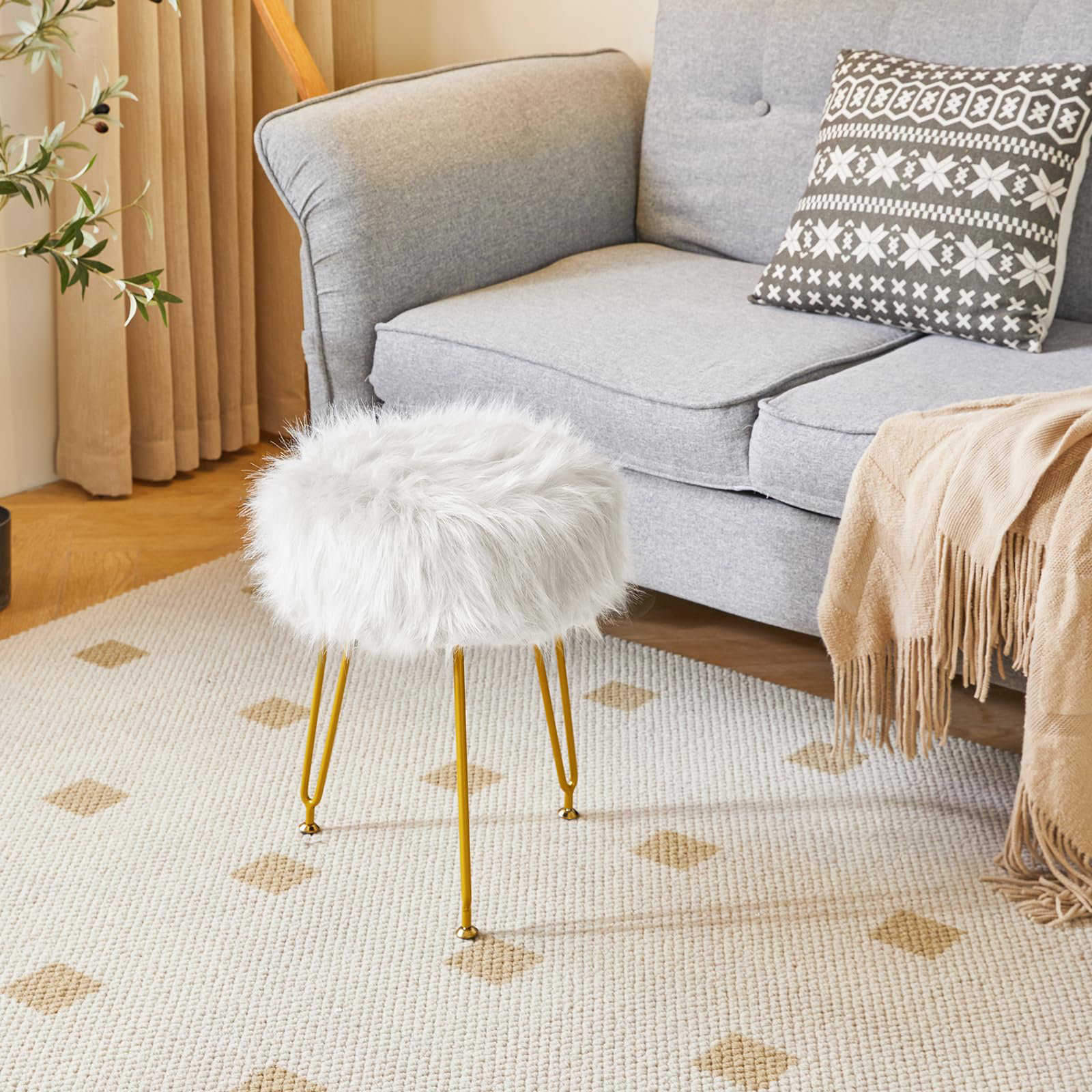 Ophelia & Co. Faux Fur Vanity Stool Chair, Furry Makeup Stool Footstool ...