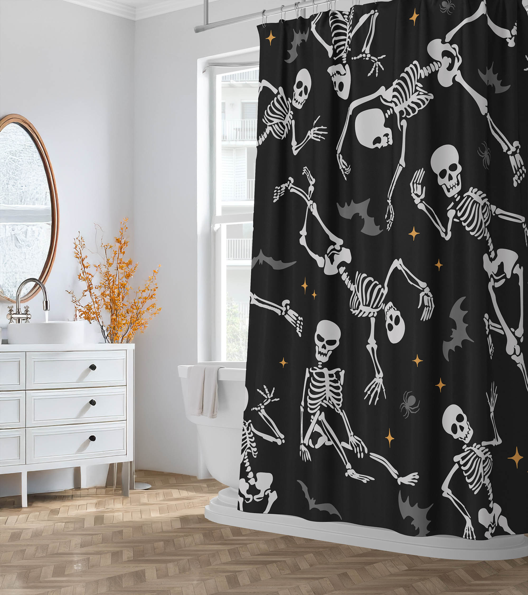 The Holiday Aisle® Skeleton Boogie Shower Curtain | Wayfair