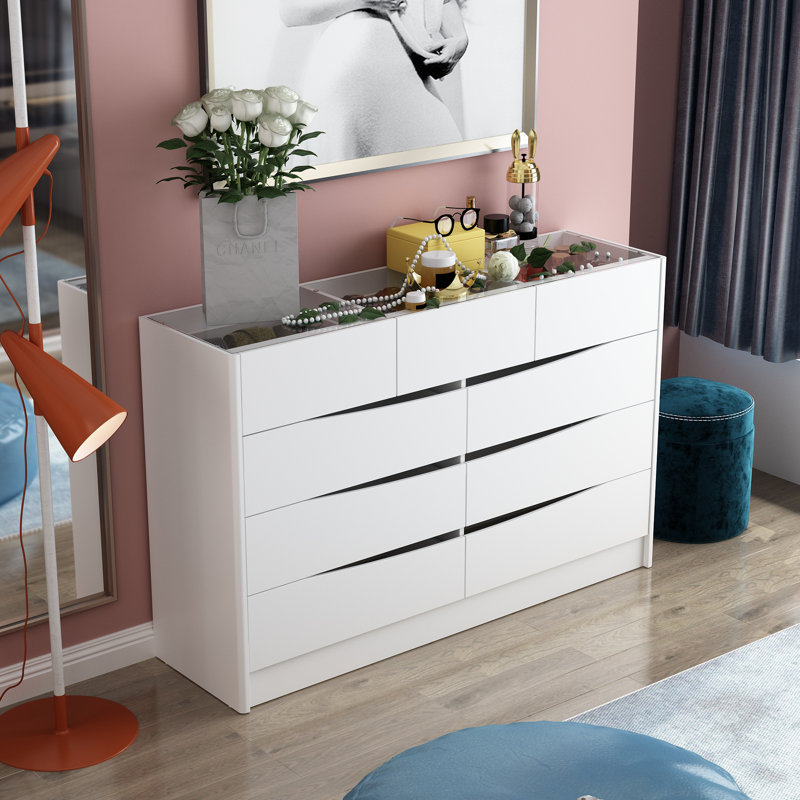 Ebern Designs 9 Drawer Dresser With Glass Tabletop | Wayfair