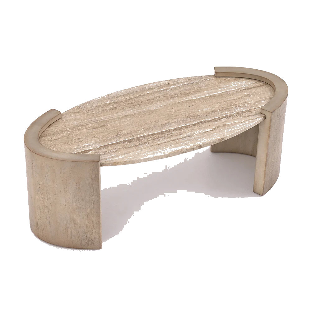 Orren Ellis 43" Japandi Oval Travertine Stone Top Coffee Table | Wayfair
