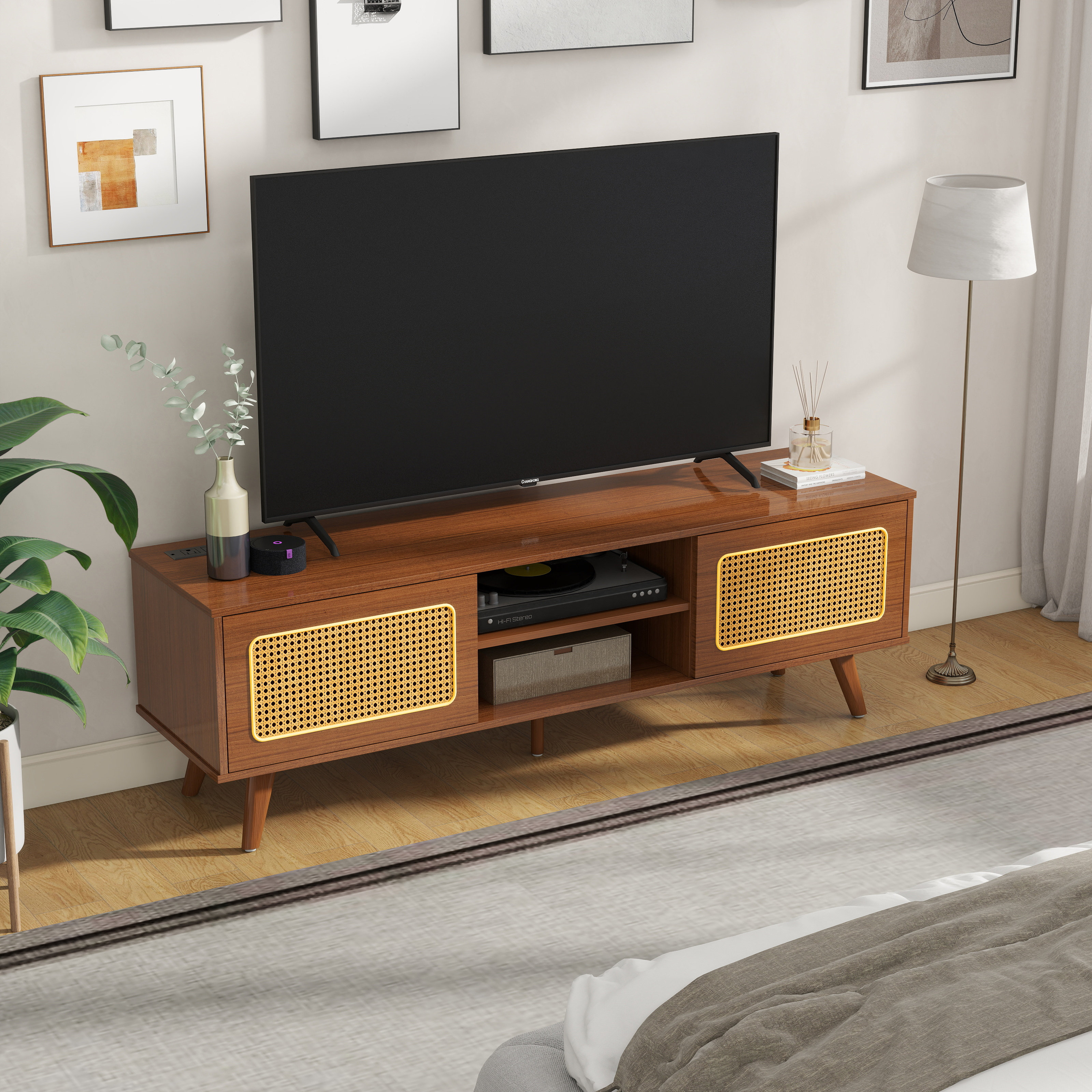 Bayou Breeze Mid Century Modern Rattan Tv Stand For 55/60/65 Inch Tv ...